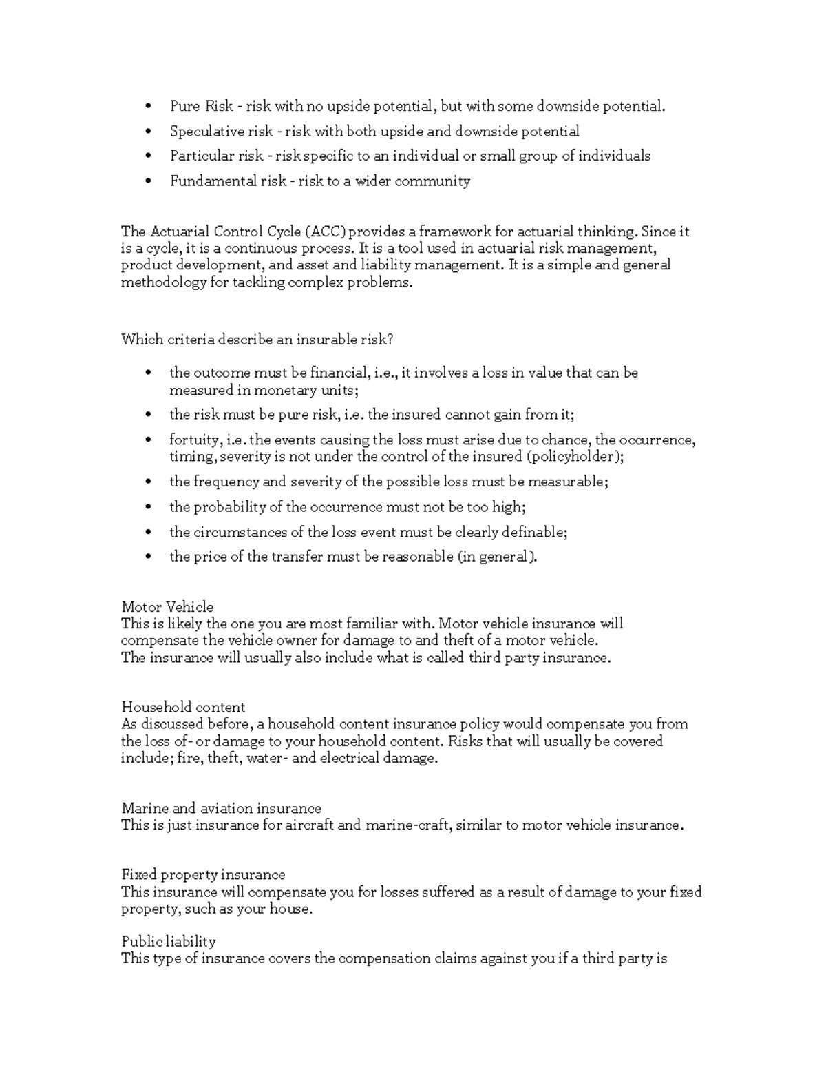 Doc14 - Lecture notes - Pure Risk - risk with no upside potential, but ...