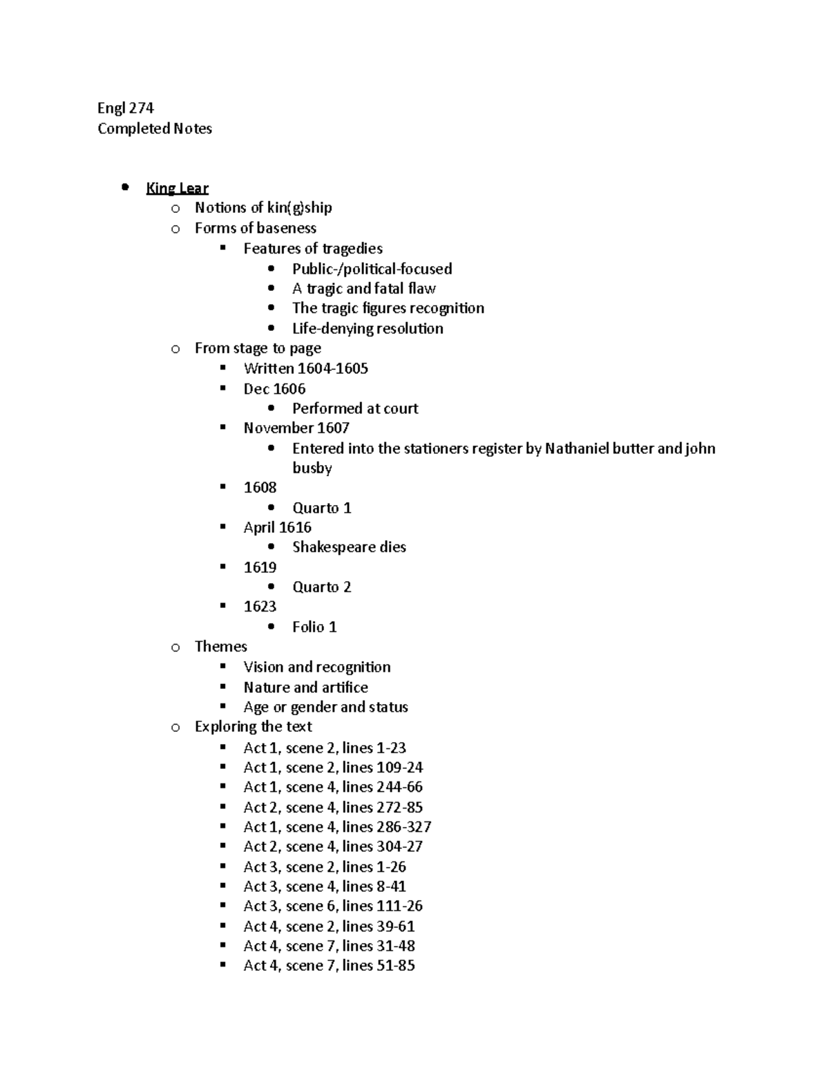 Completed notes - Engl 274 Completed Notes King Lear o Notions of kin(g ...