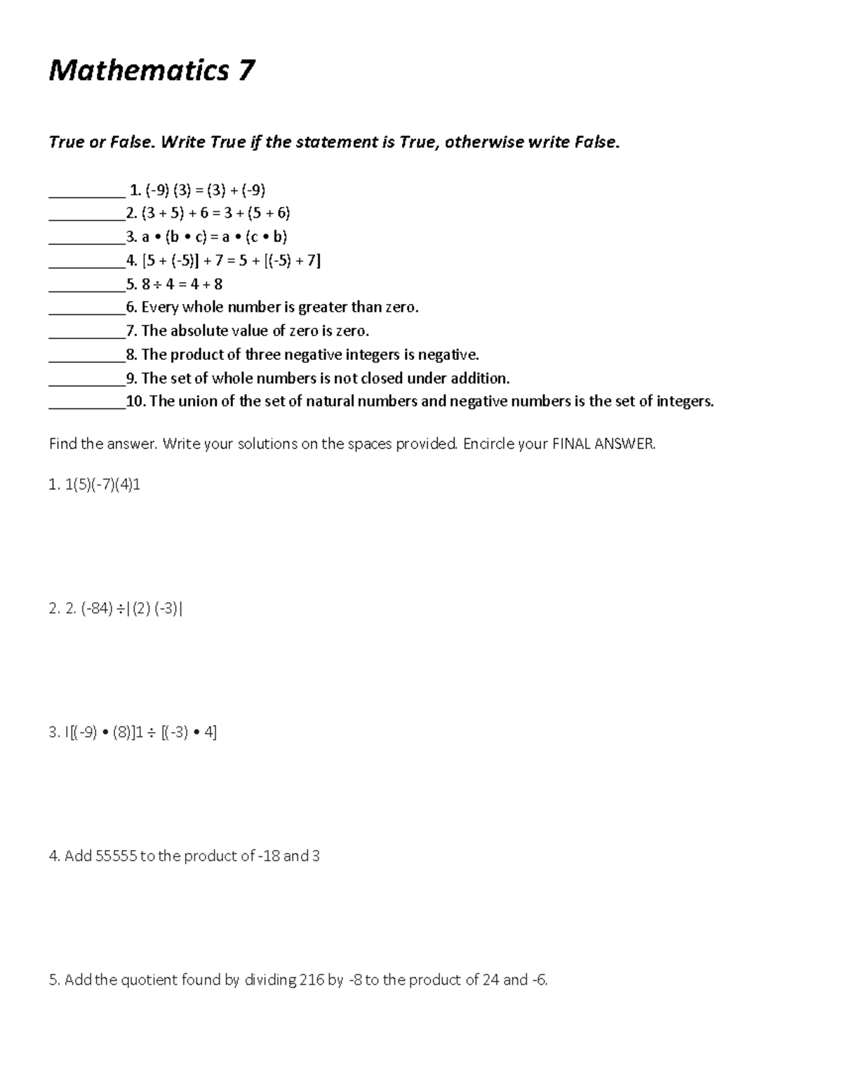 Mathematics 7 - nakotc - Mathematics 7 True or False. Write True if the ...