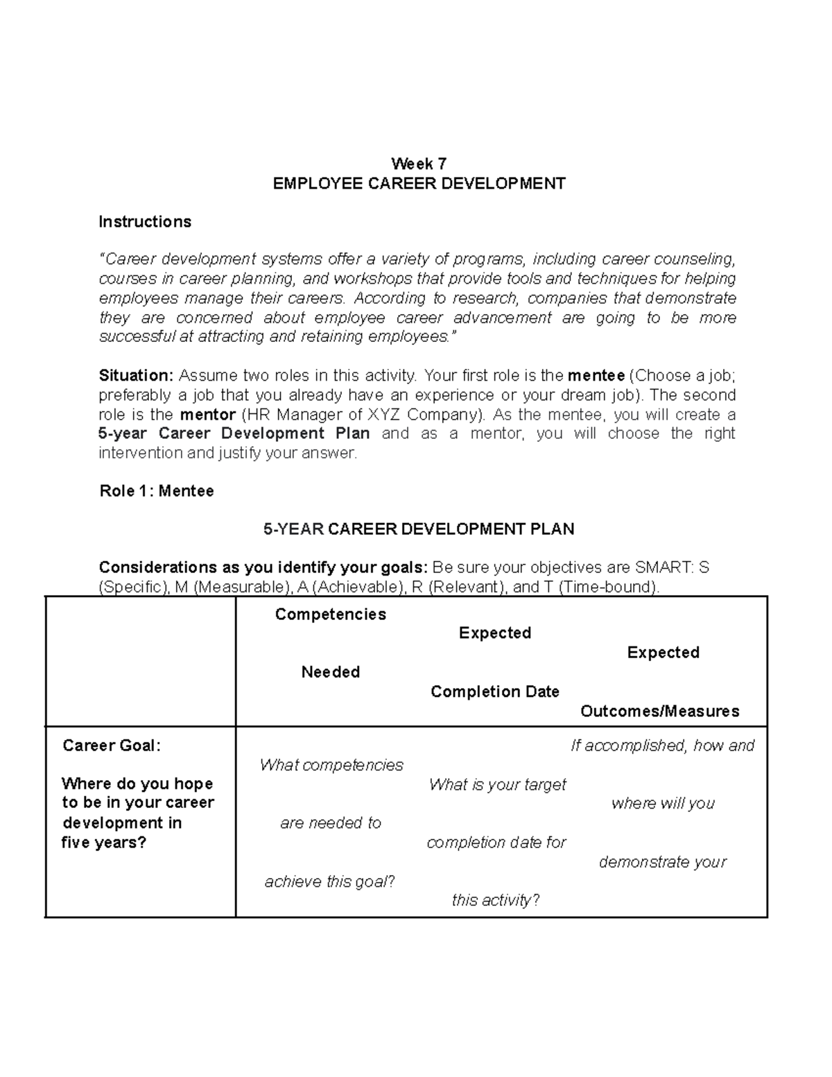 Individual Worksheet 4 Week 7 Employee Career Development - Week 7 ...