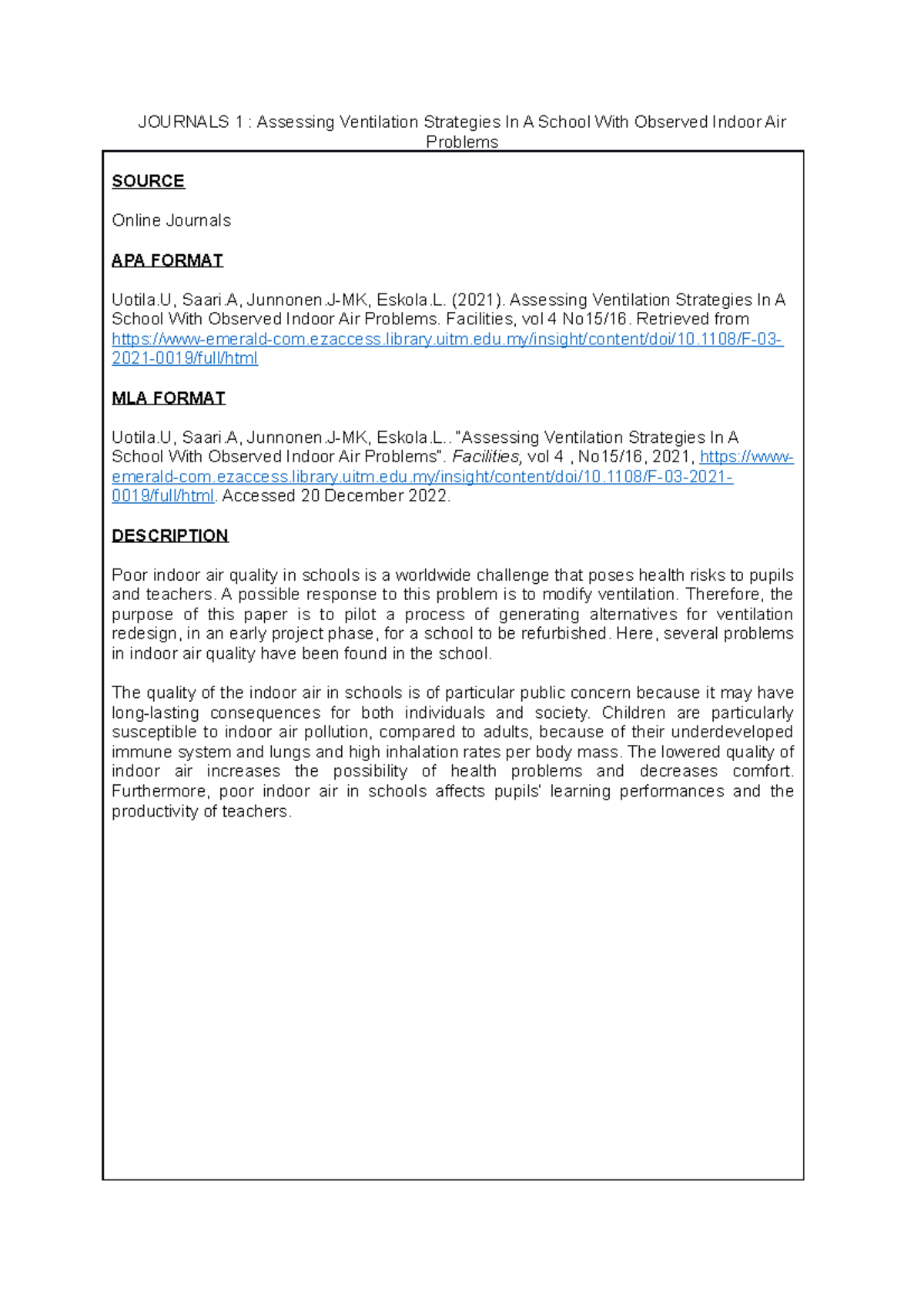 Journals assignment - JOURNALS 1 : Assessing Ventilation Strategies In ...
