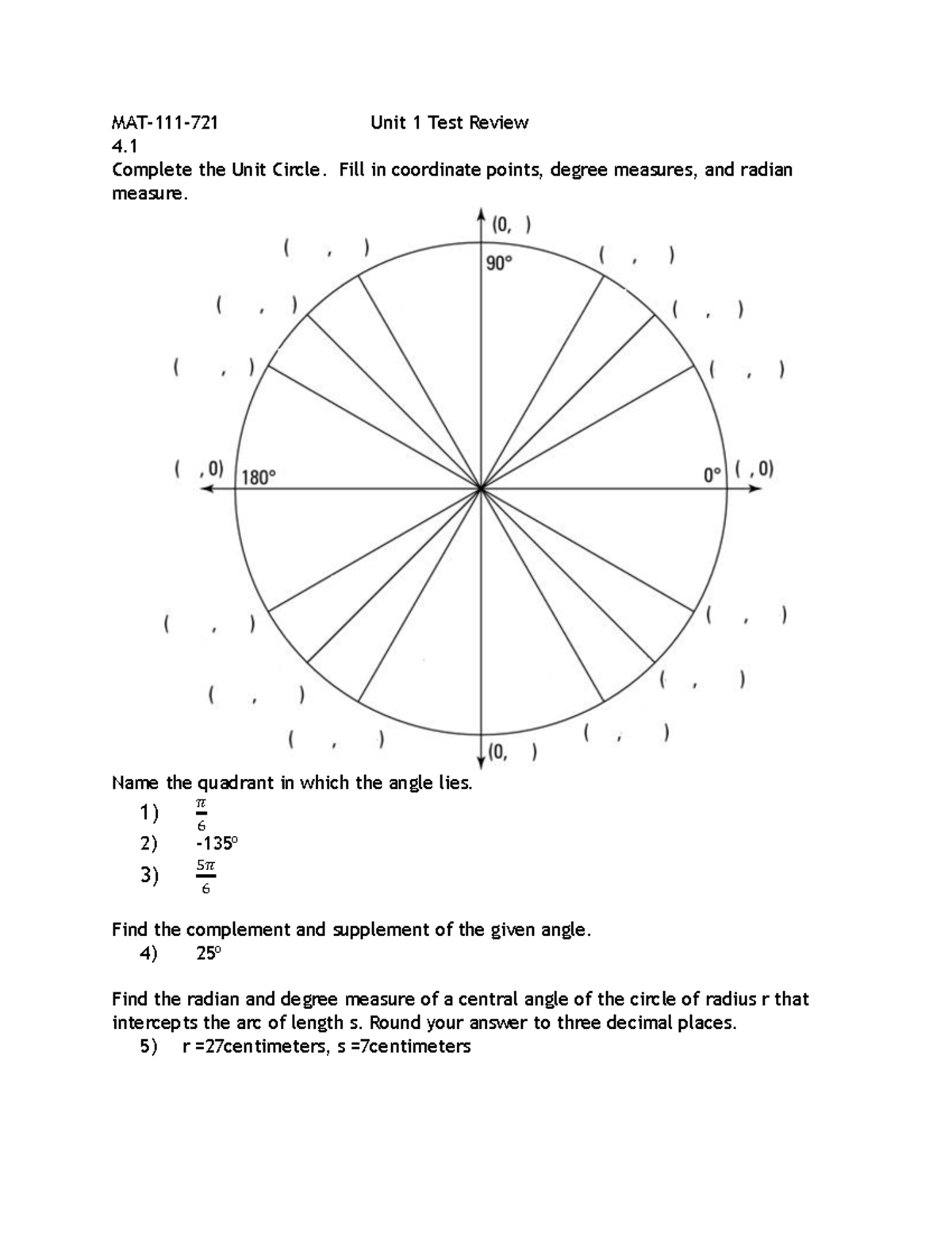 Unit 1 Test Review Updated - MAT- 111 -721 Unit 1 Test Review 4 ...