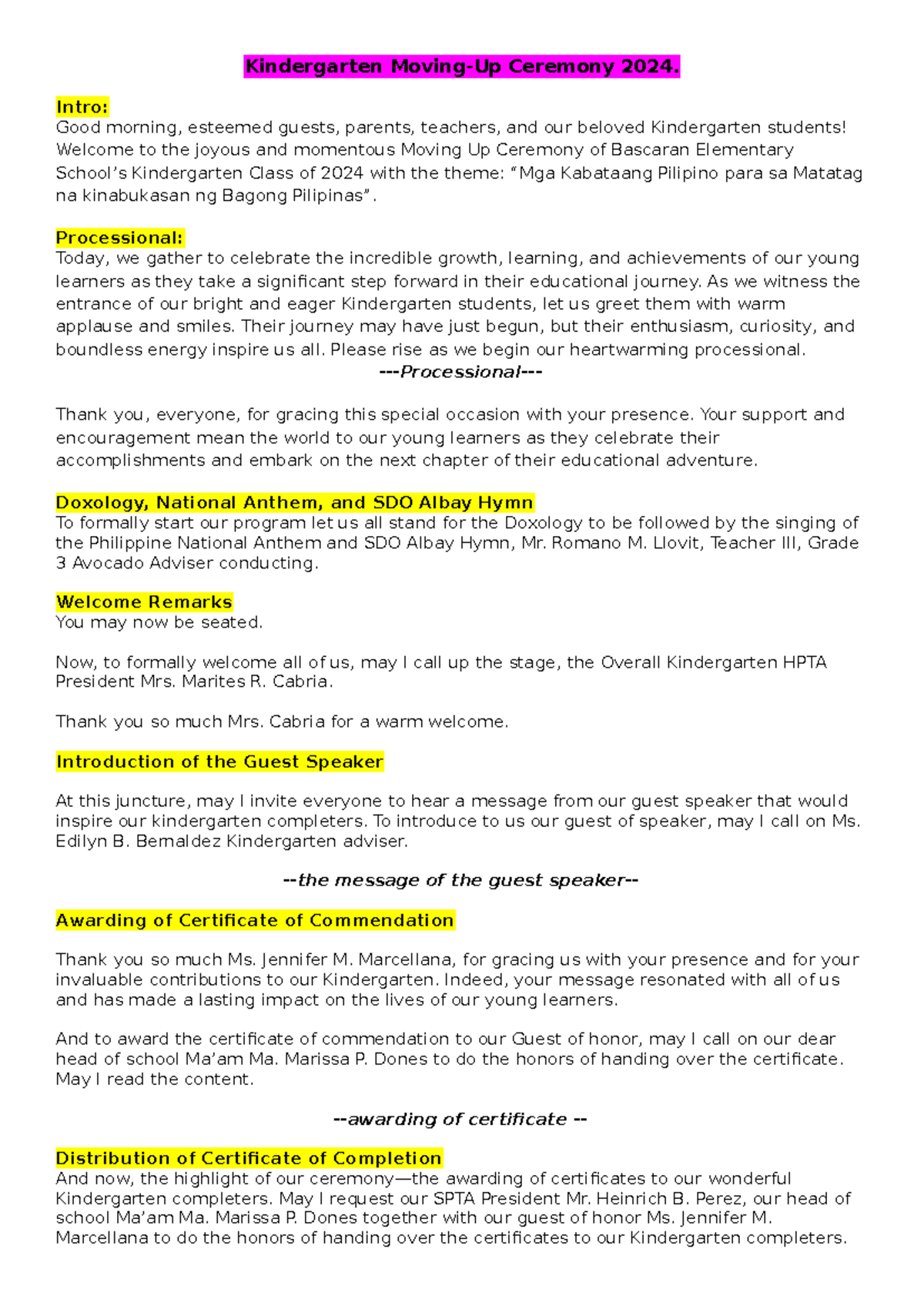 Kindergarten Moving 2024 script - Kindergarten Moving-Up Ceremony 2024 ...