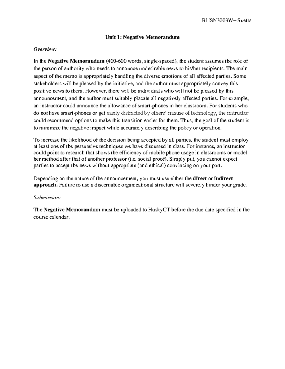 Unit1 Prompt BUSN3003w FA22 - BUSN3003W– Suetta Unit 1: Negative ...