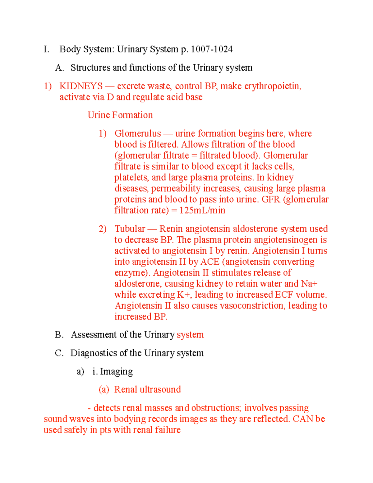 CCAH Unit 1 - urinary system assessment - I. Body System: Urinary ...