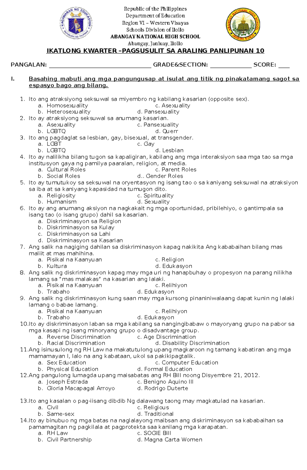 Final exam in AP10 - Republic of the Philippines Department of ...