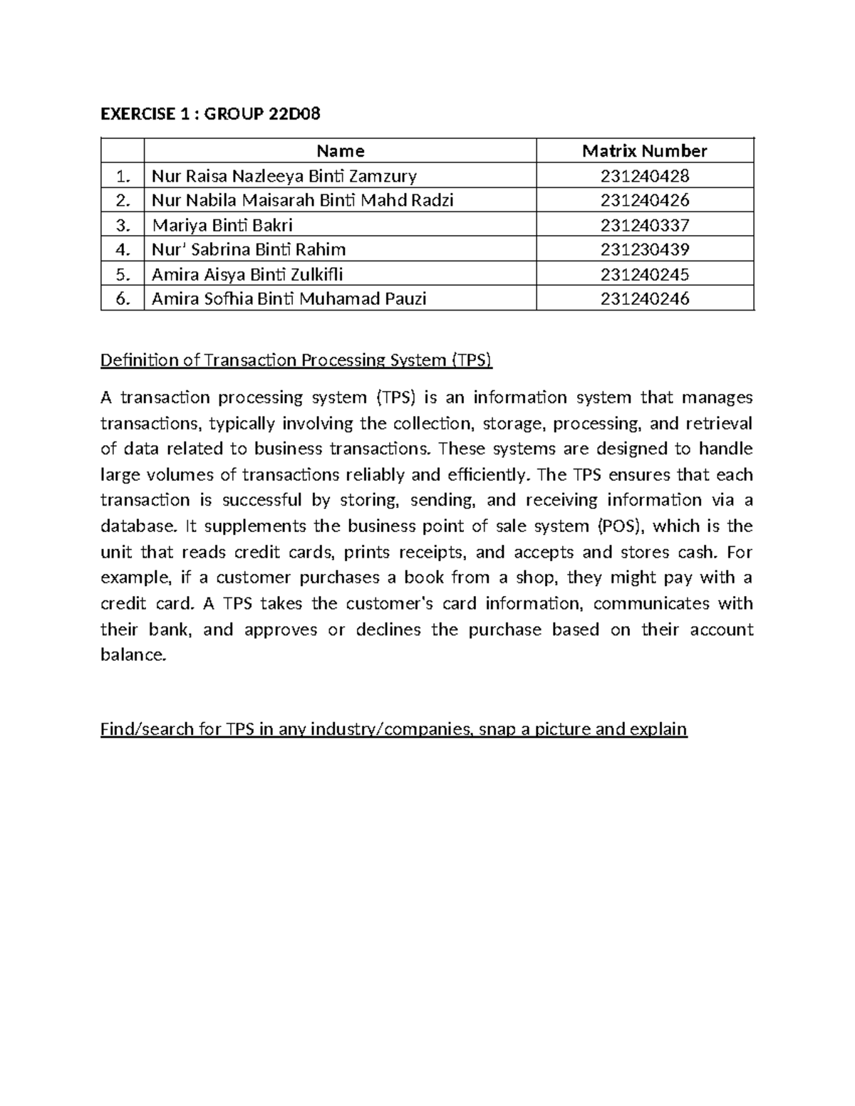 Exercise 1 - management - EXERCISE 1 : GROUP 22D Name Matrix Number Nur ...