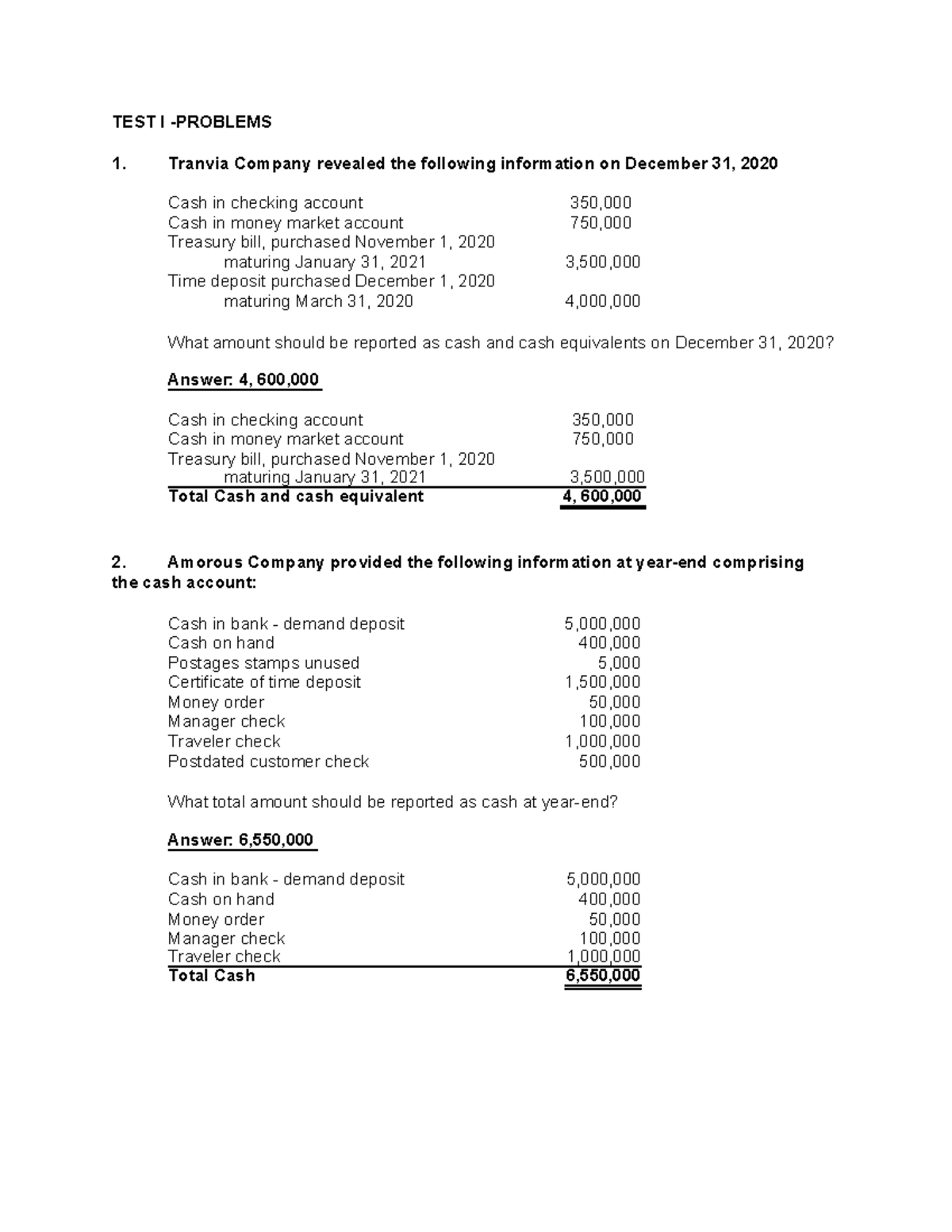 ACCOUNTING answer Set - TEST I -PROBLEMS Cash in checking account 350 ...