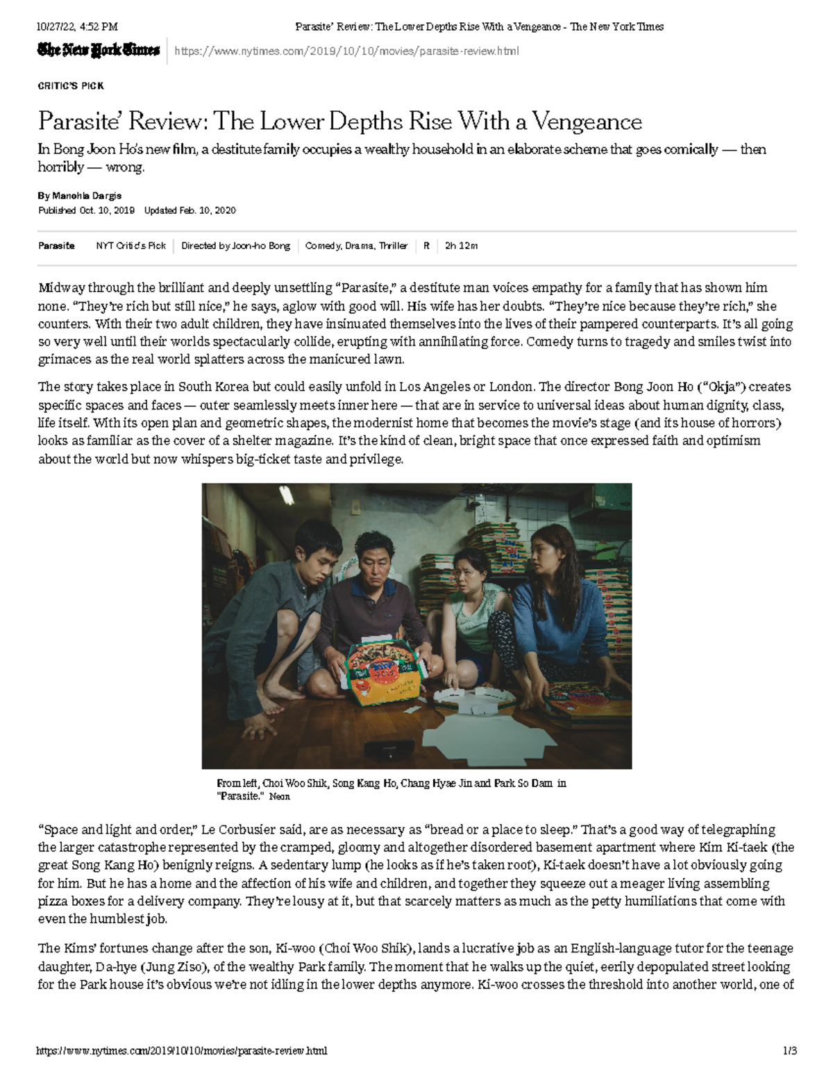 ‘Parasite’ Review The Lower Depths Rise With a Vengeance - The New York ...