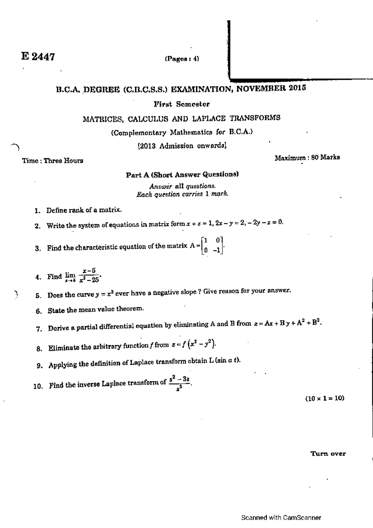 Bca 1 sem matrices calculus and laplace transforms e 2447 nov 2015 - Bachelor of Computer - Studocu