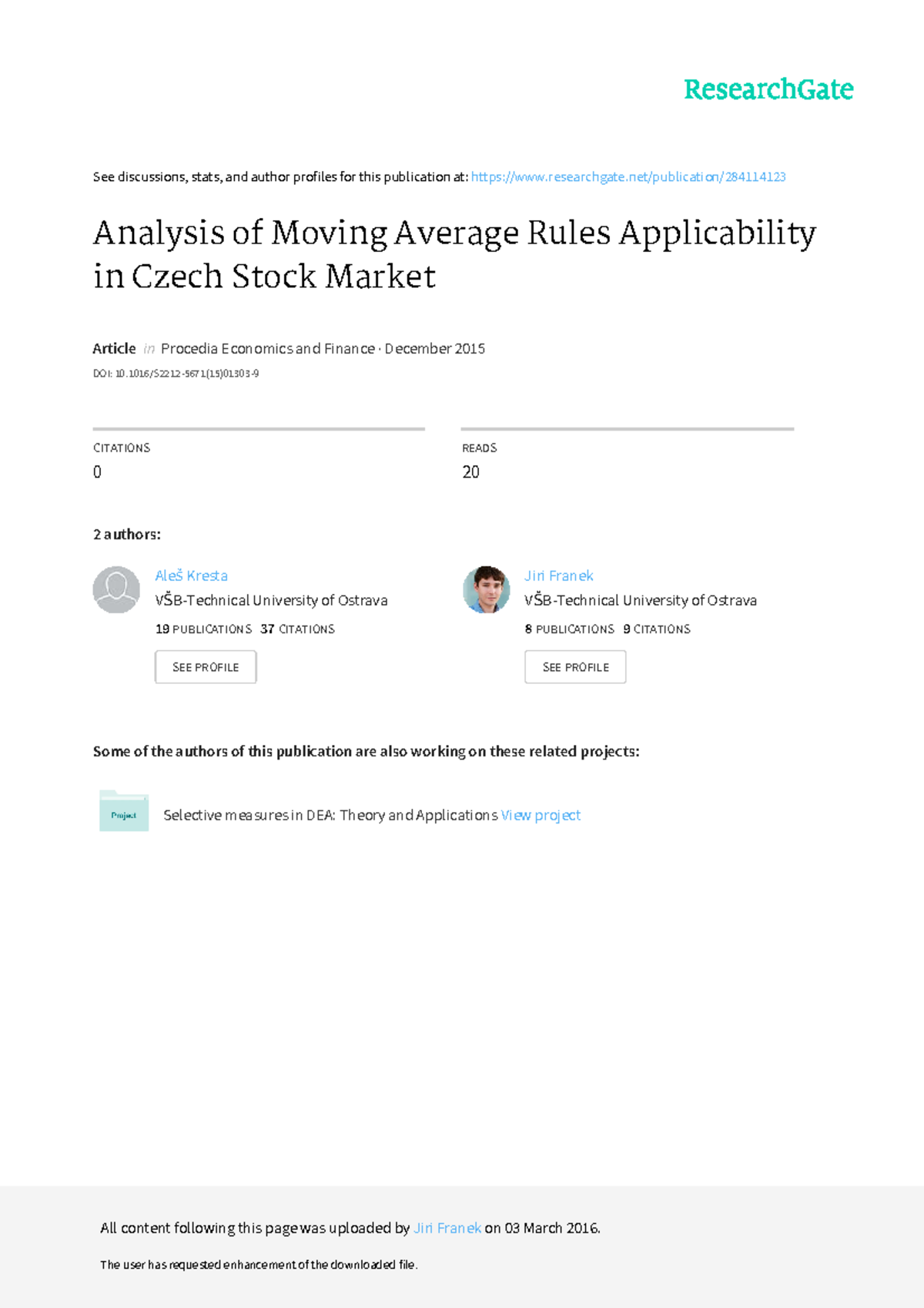Analysis of Moving Average Rules Applicability in Czech Stock Market ...