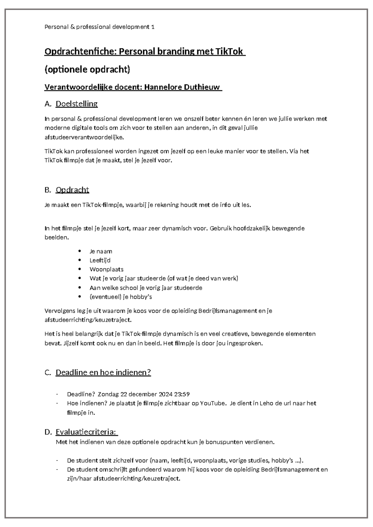 Opdrachtenfiche personal branding met Tik Tok - Personal & professional ...