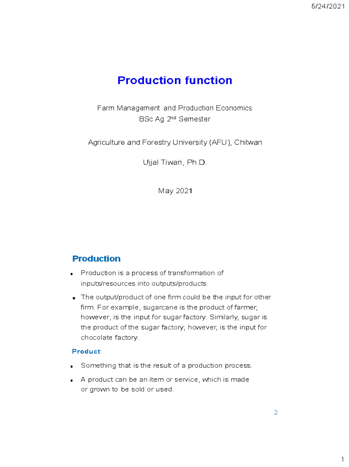 3. Production function (BSc Ag, 2nd Sem, AFU) - 5/24/ Production ...