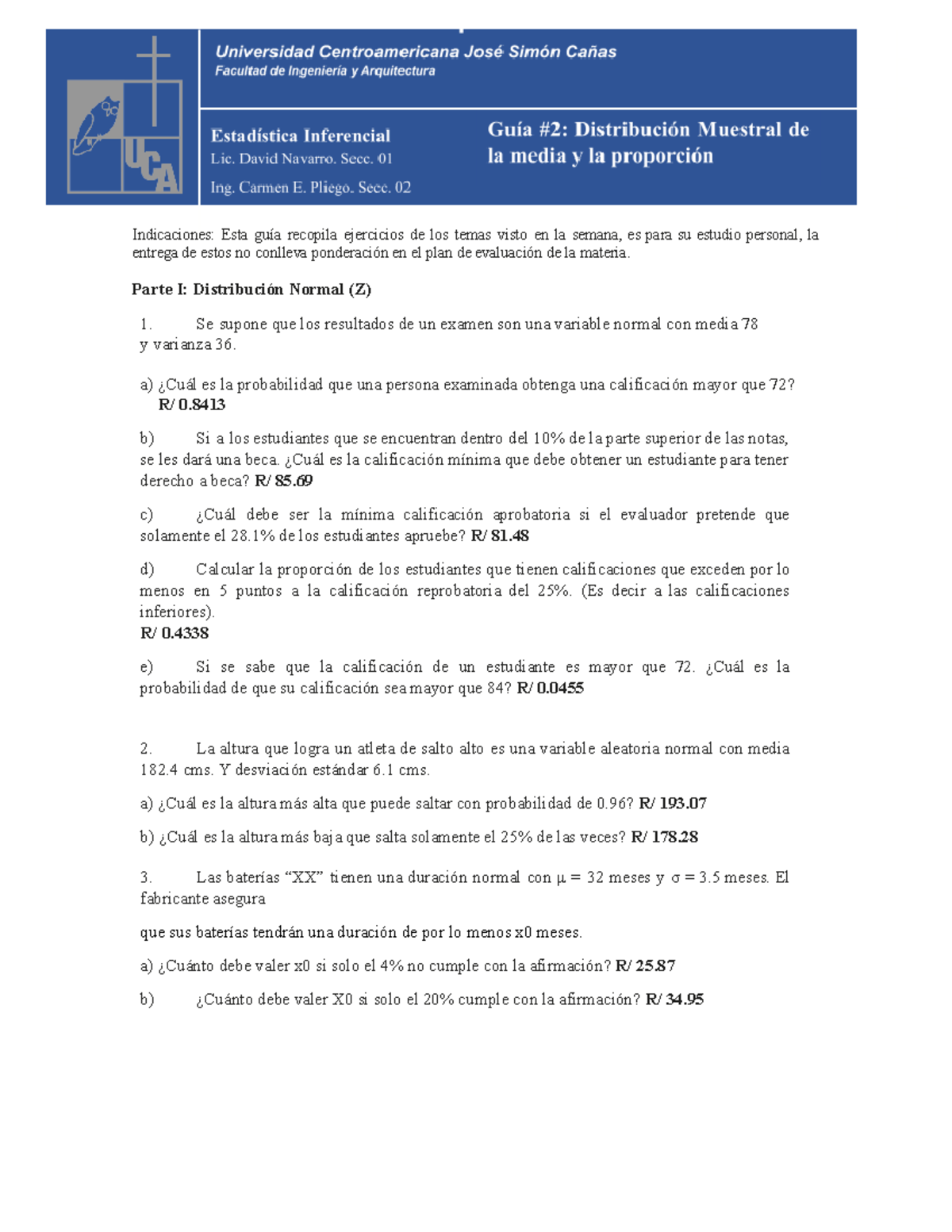 Guía #2 Distribución muestral media y proporción.docx - Indicaciones ...
