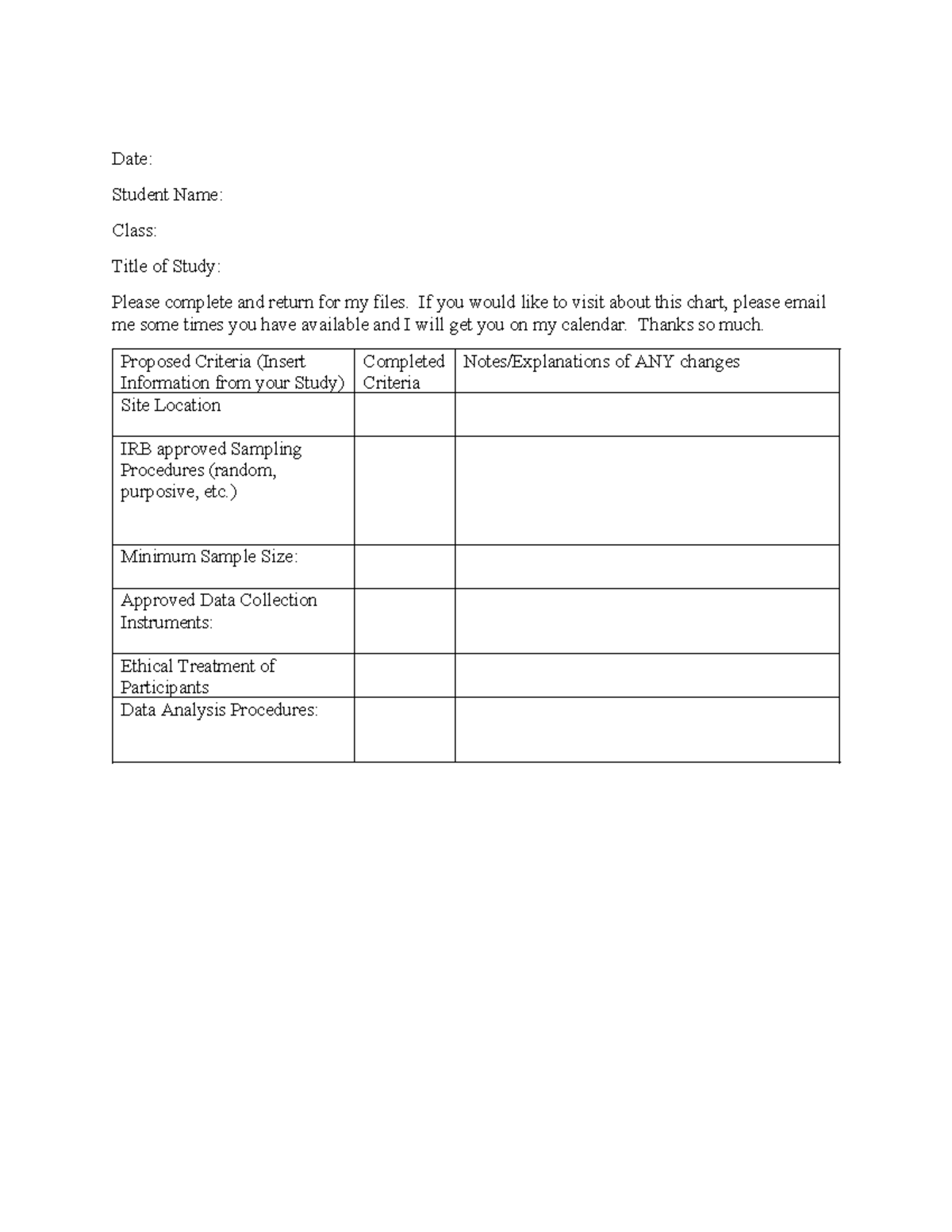 Data Collection & IRB Check Form - Date: Student Name: Class: Title of ...