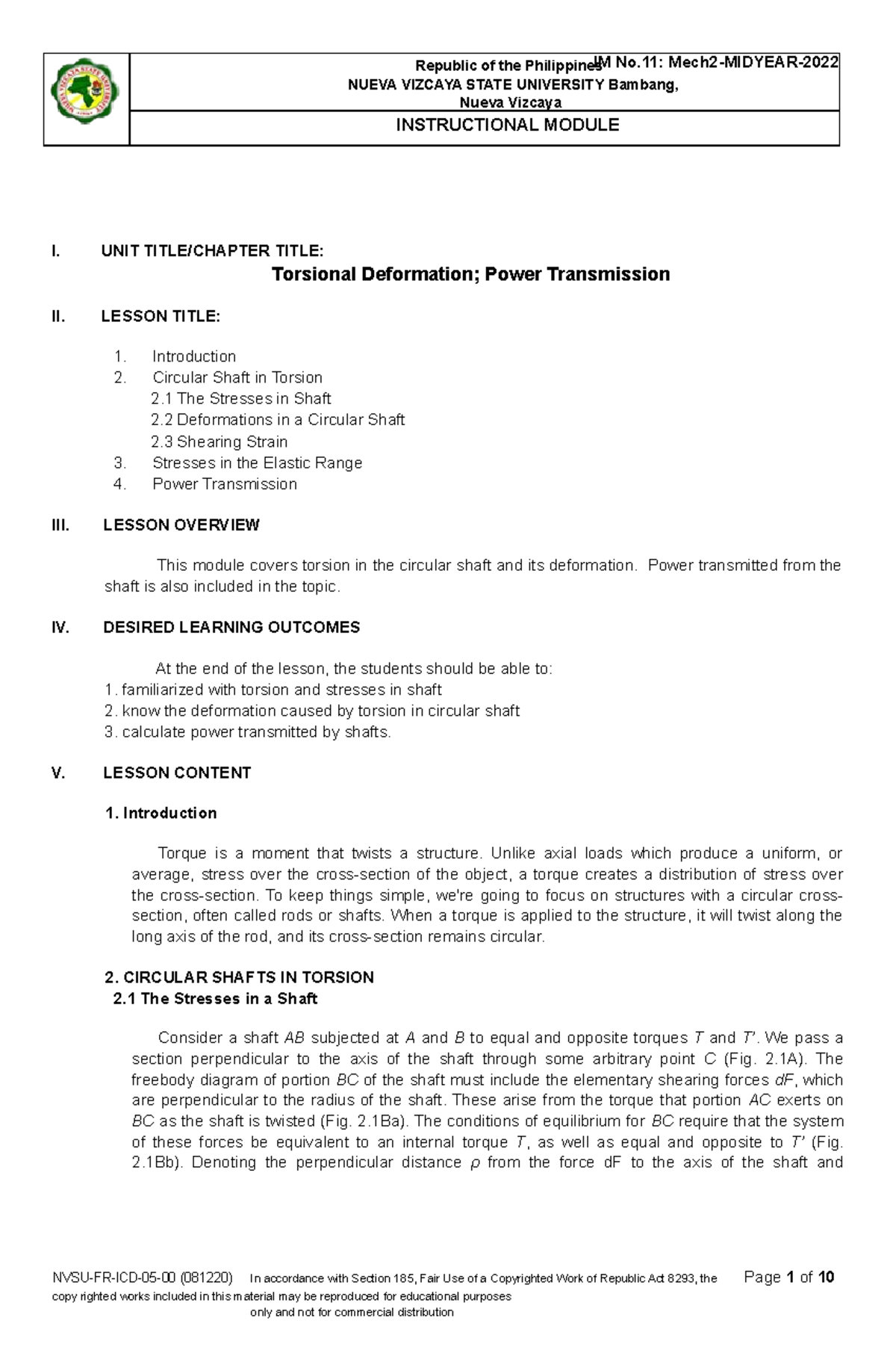 IM11 MECH 02 Torsional Deformation - I. UNIT TITLE/CHAPTER TITLE ...
