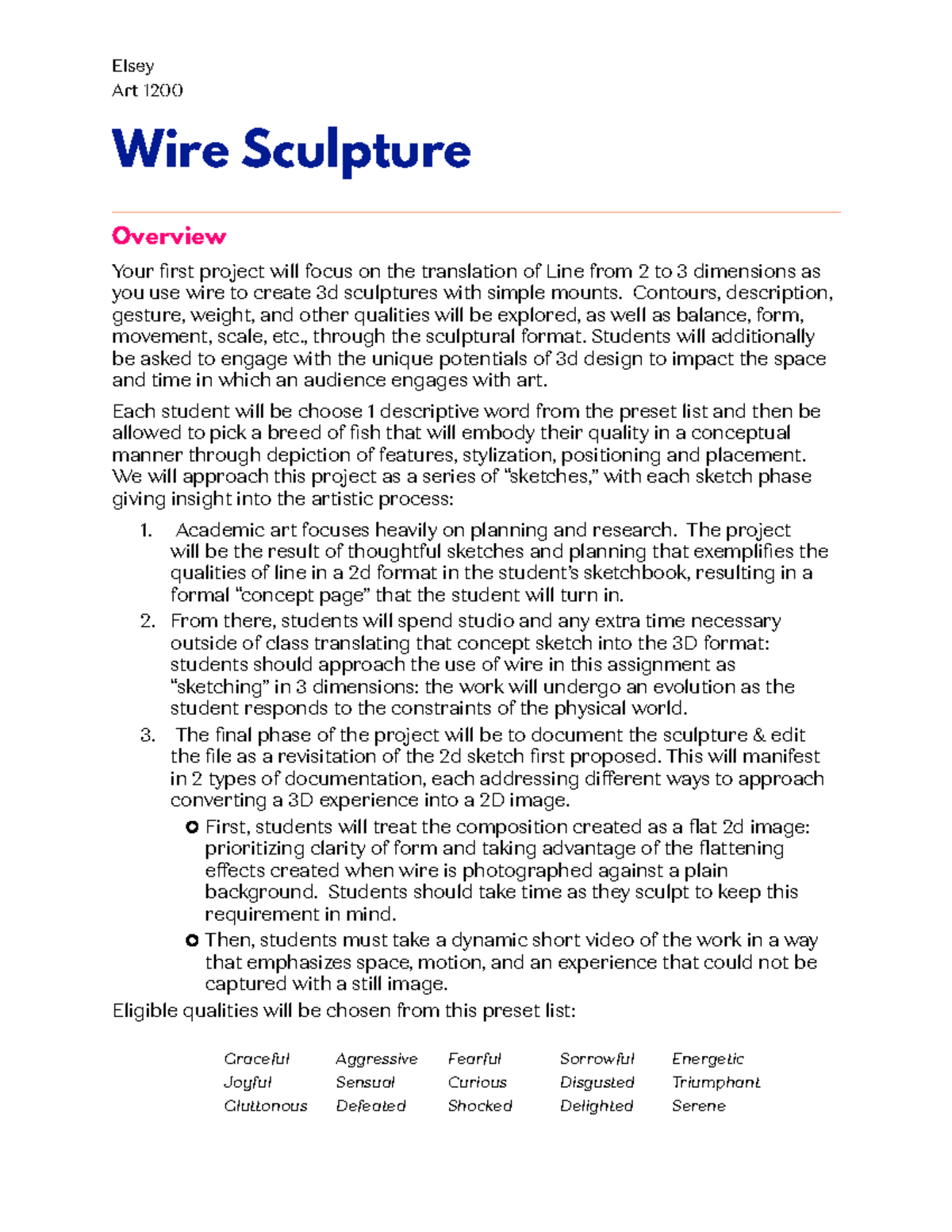 3D Wire Sketch Project Outline - Elsey Art 1200 Wire Sculpture Overview ...