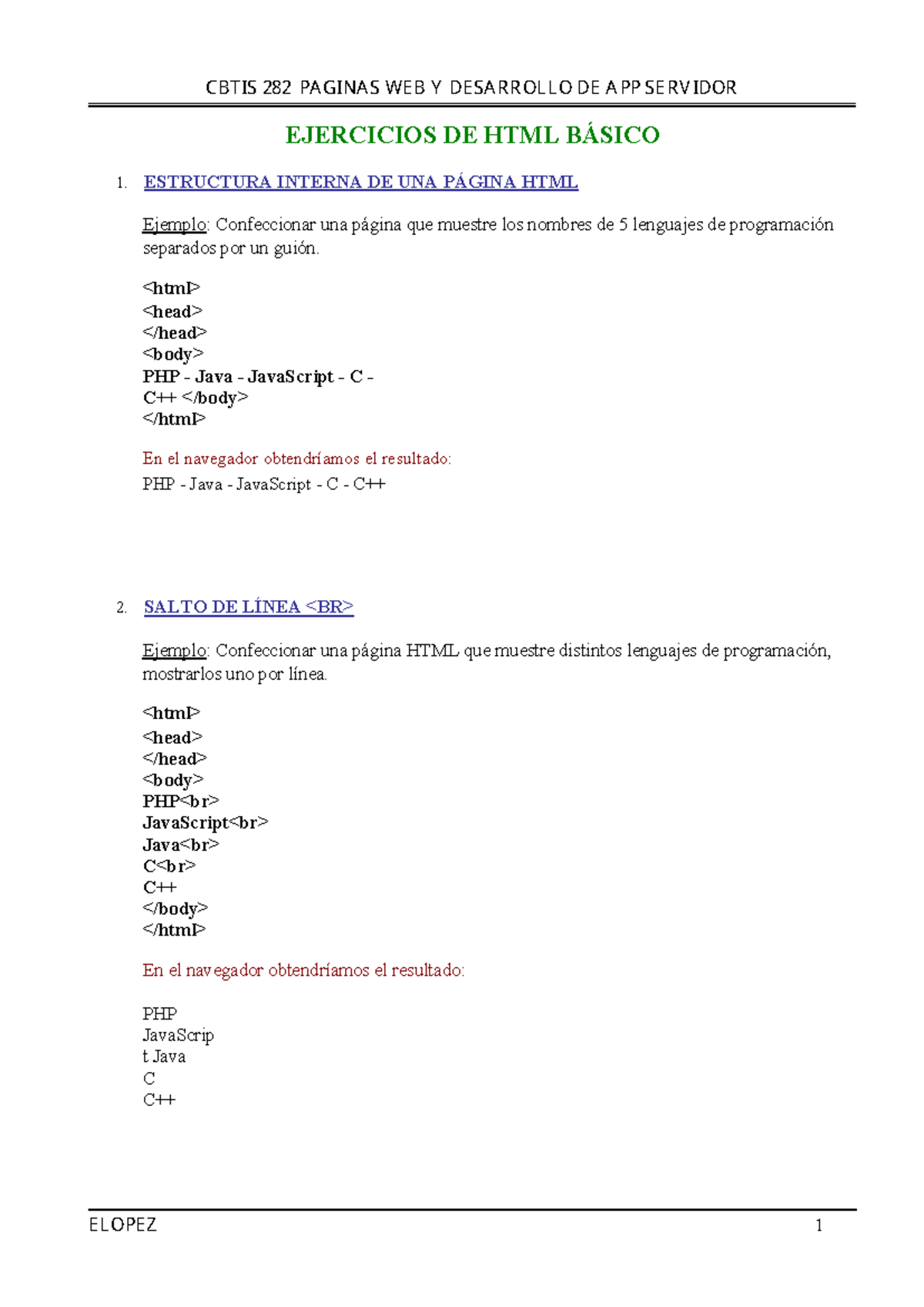 Ejemplos HTML - EJERCICIOS DE HTML BÁSICO 1. ESTRUCTURA INTERNA DE UNA ...