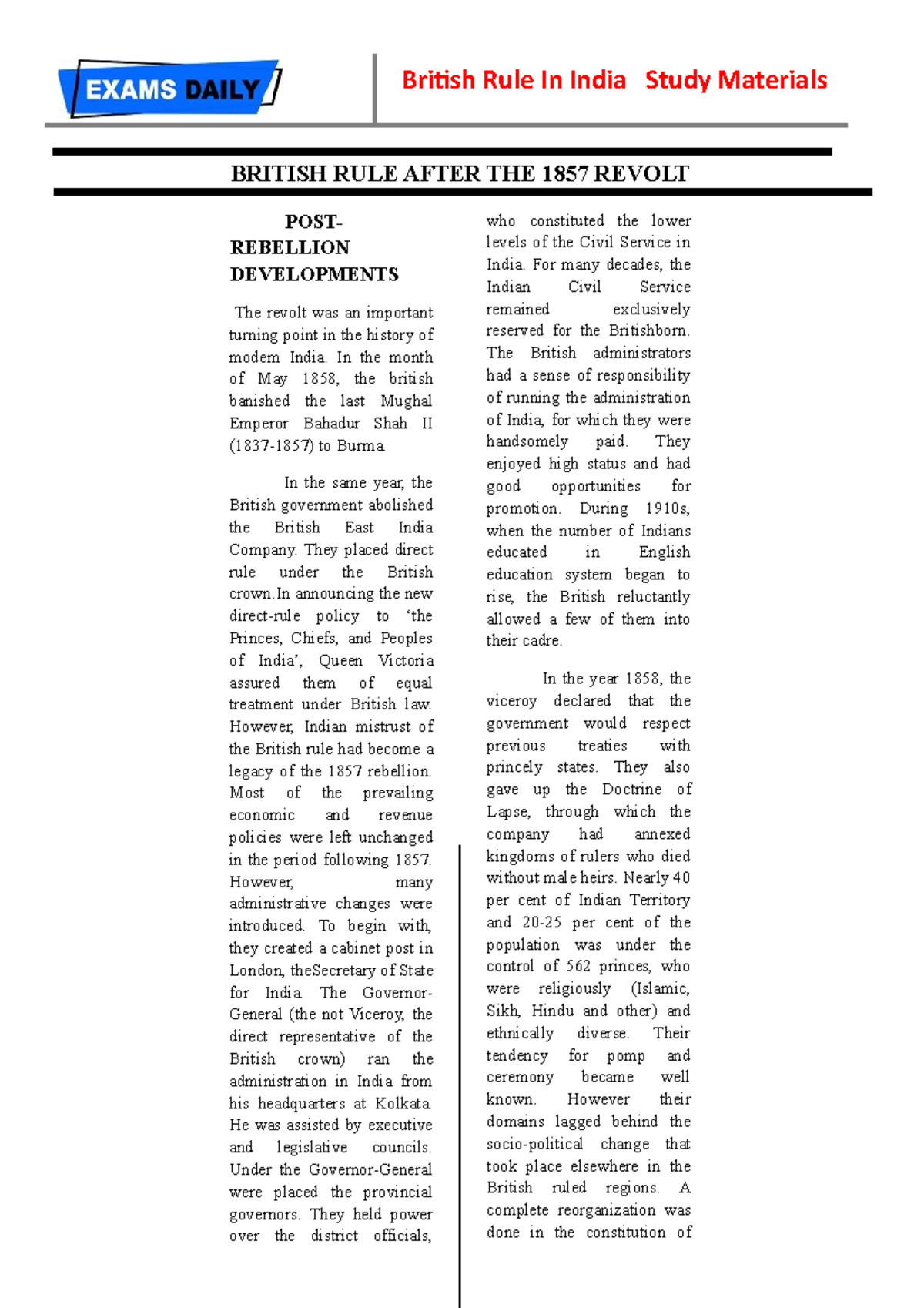 British Rule in india - BRITISH RULE AFTER THE 1857 REVOLT POST ...