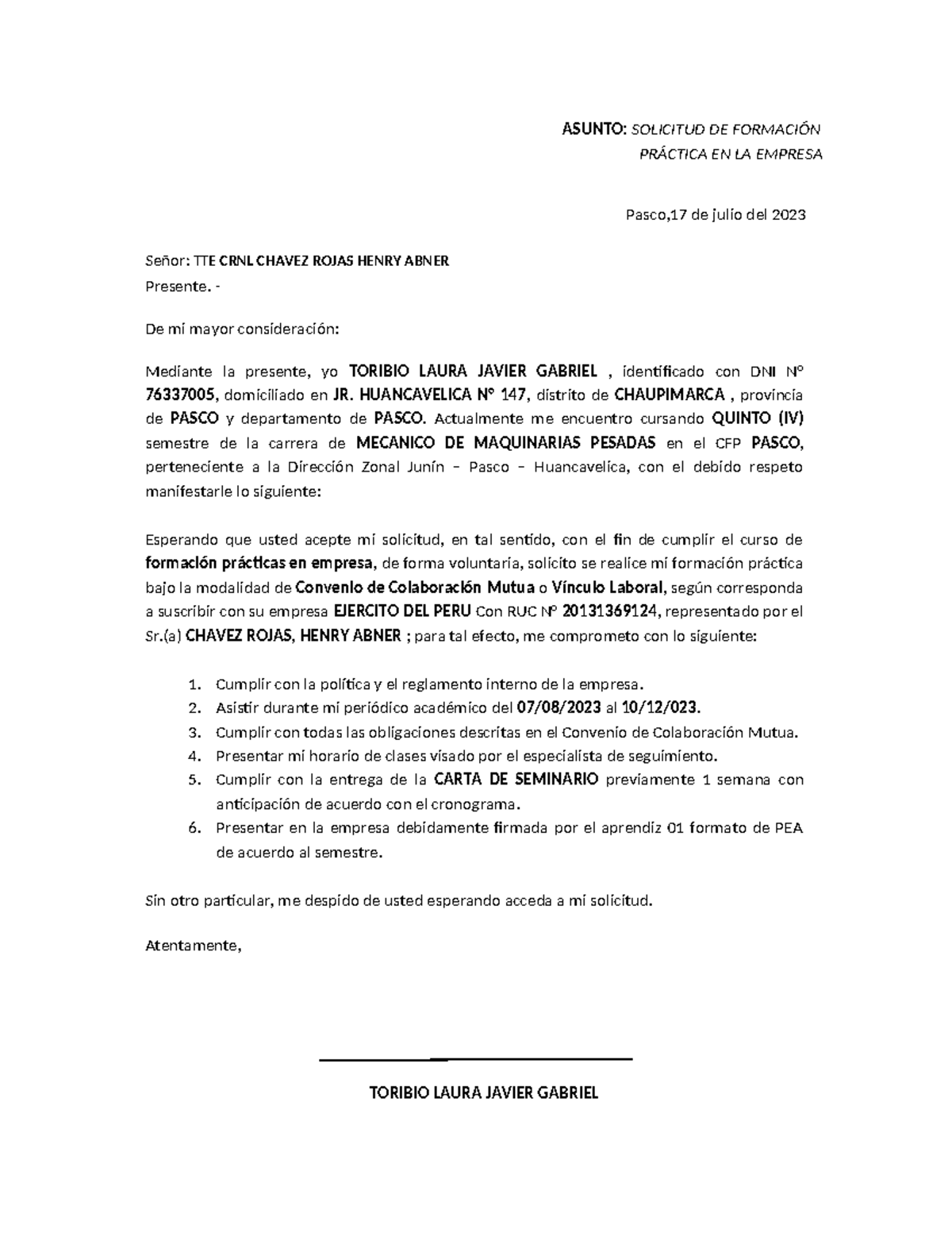 5.- Documentos Complementarios 2023-20 - ASUNTO: SOLICITUD DE FORMACIÓN PRÁCTICA EN LA EMPRESA ...
