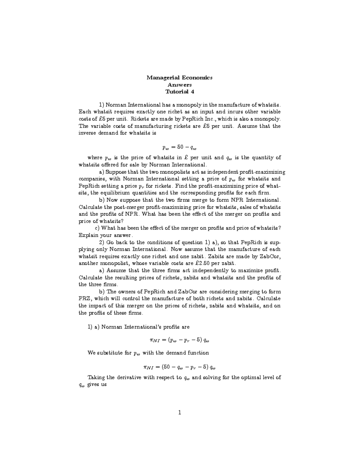 6SSMN318 Tutorial 4 answers 23/24 - Managerial Economics Answers ...