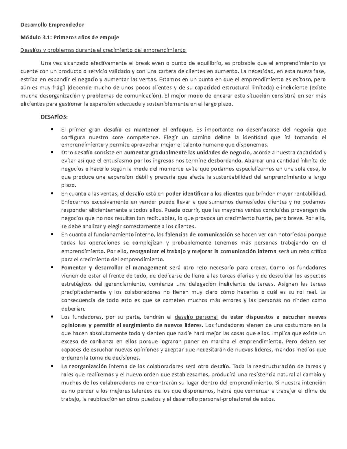 Resumen de Desarrollo Emprendedor Modulo 3 y 4 - Desarrollo Emprendedor 3: Primeros de empuje y ...