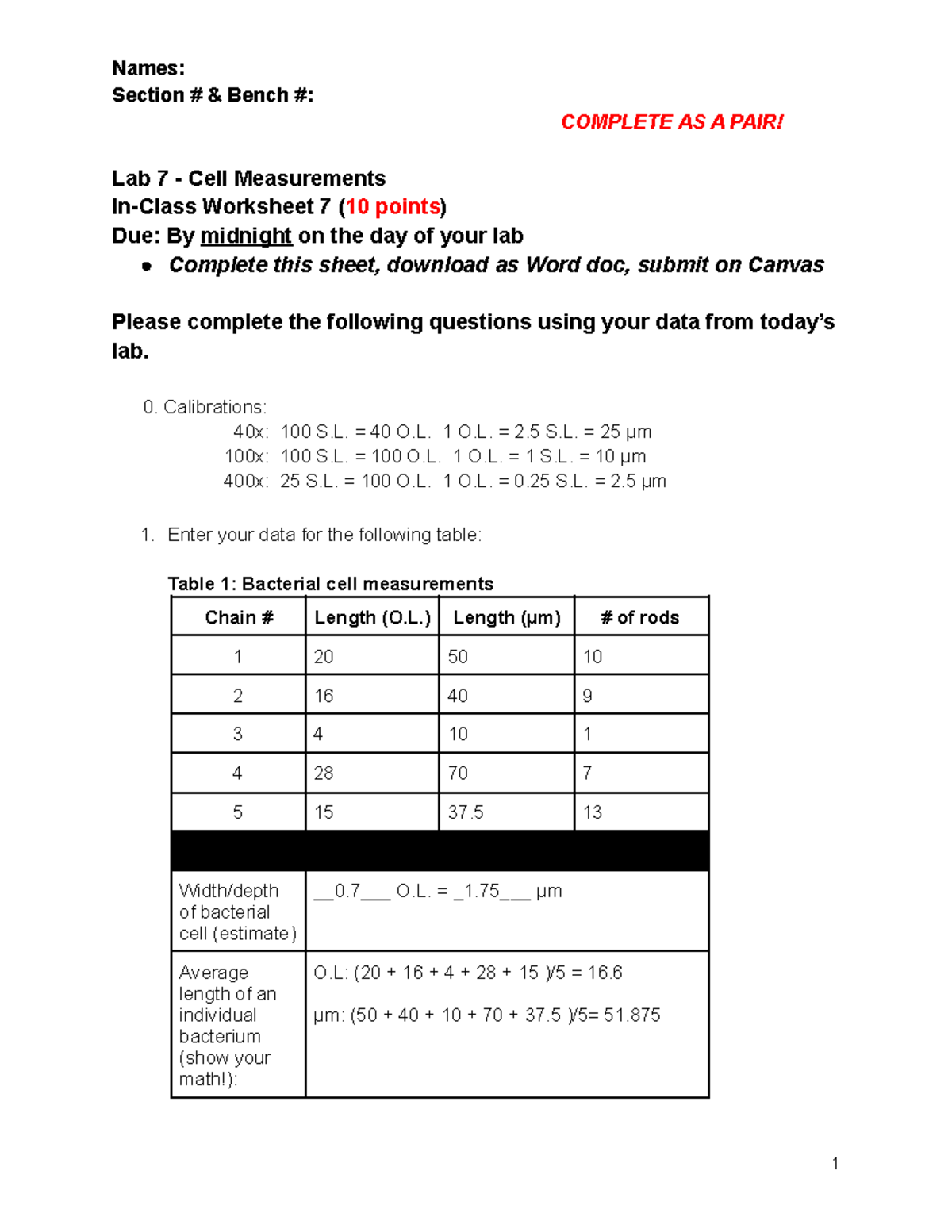 In-Class Worksheet 7 - Cell Measurements - Section # & Bench ...