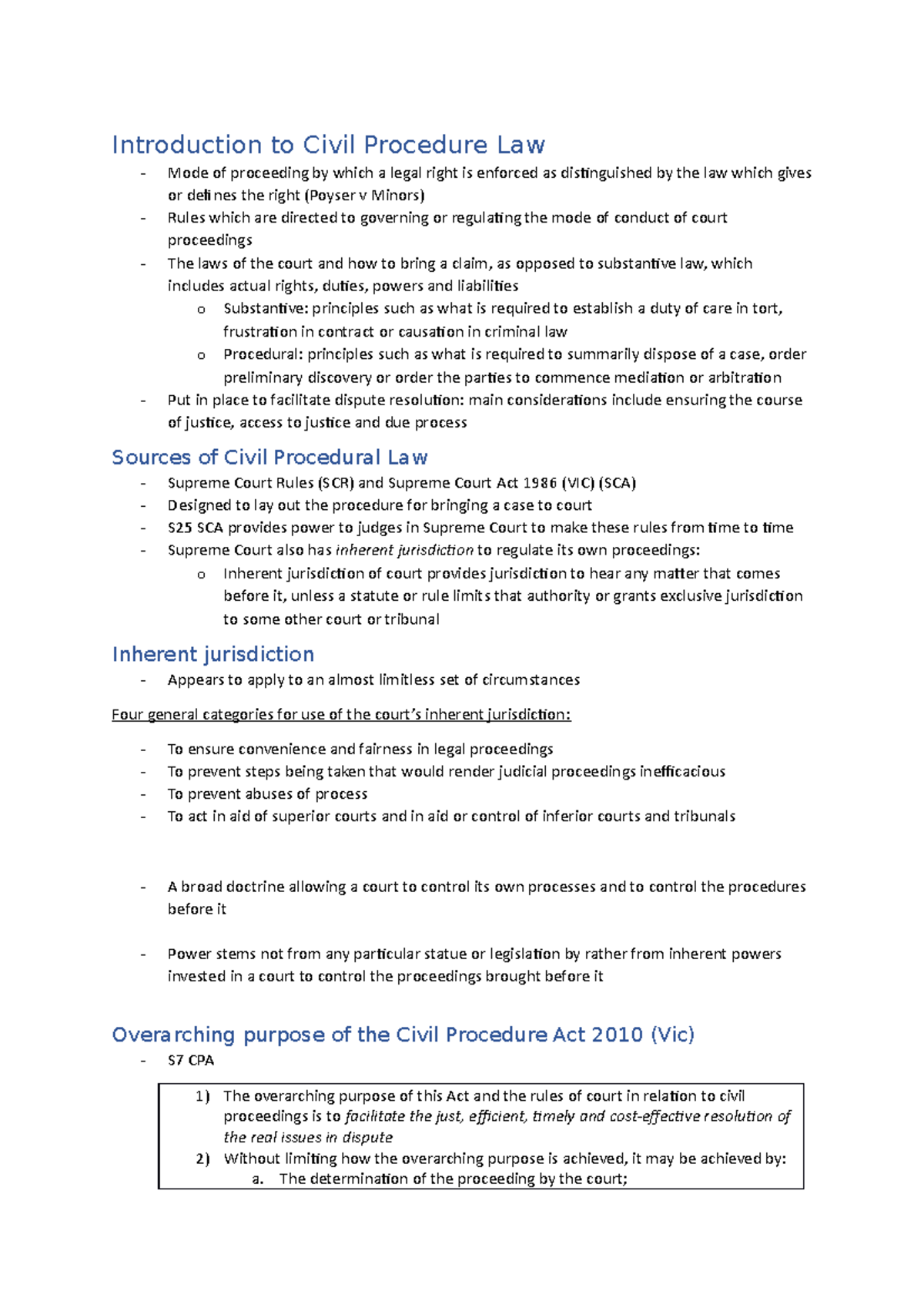 Civil Procedure - Week One Notes - Introduction to Civil Procedure Law ...