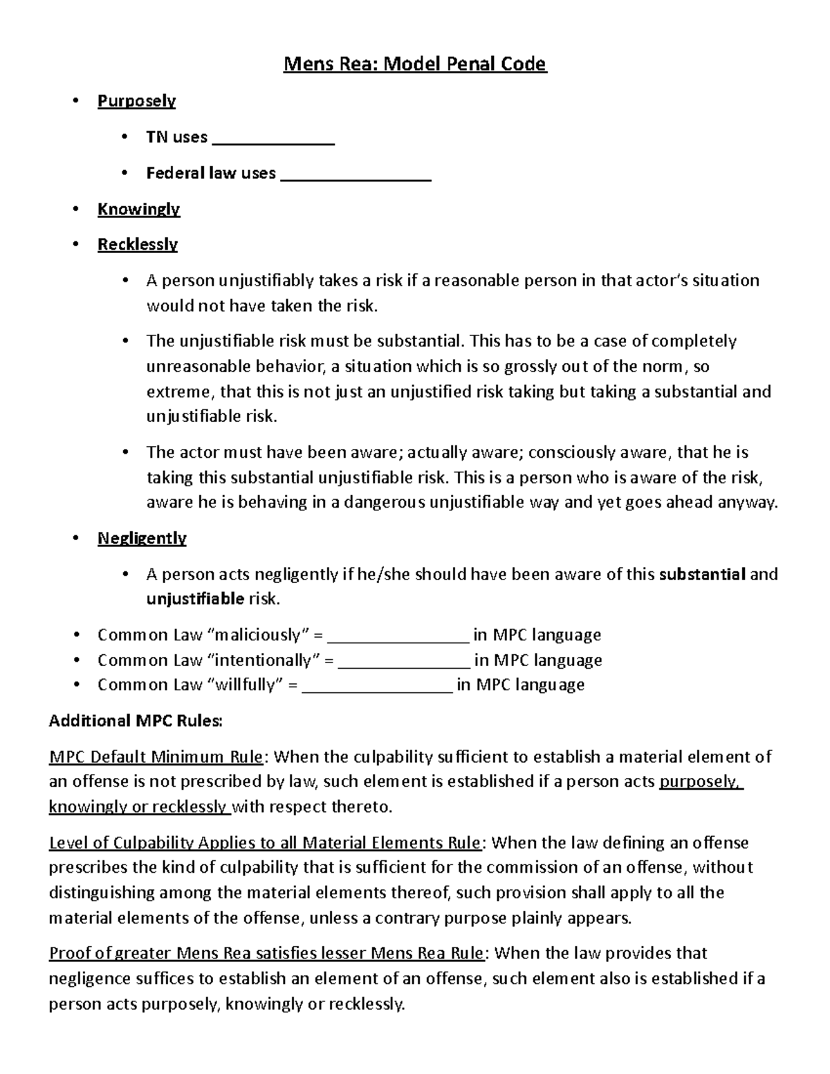 Mens Rea Model Penal Code Cheat Sheet - Mens Rea: Model Penal Code Purposely TN uses ...