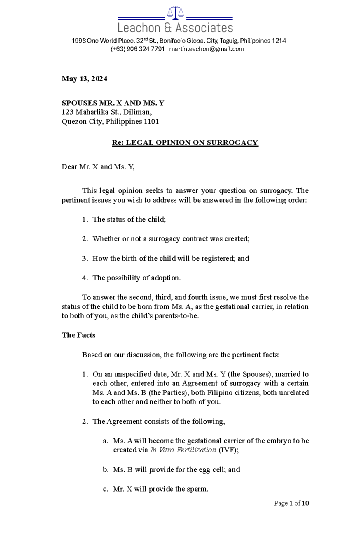 Leachon, Martin Henri V. Leachon Legal Opinion - 1998 One World Place ...
