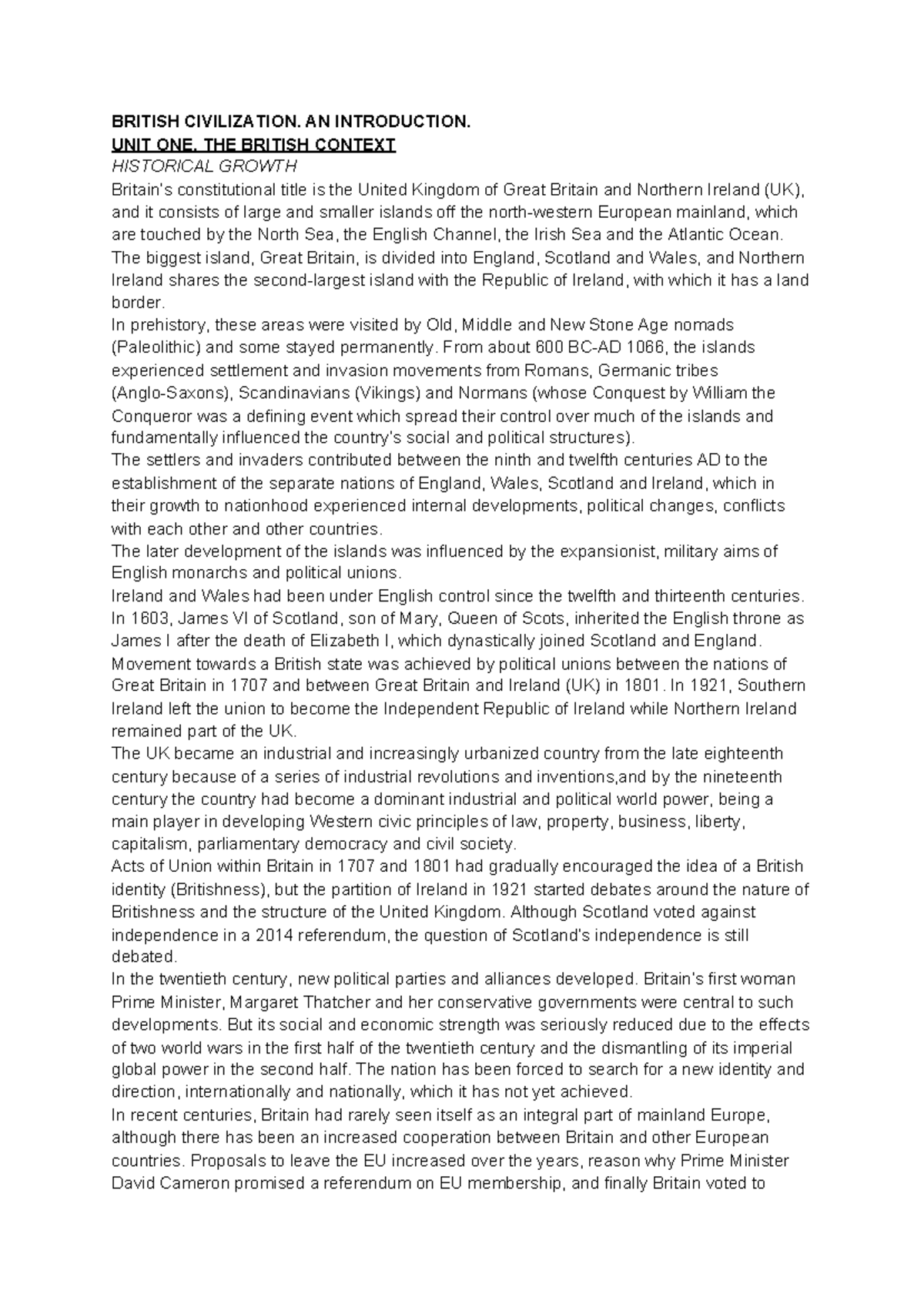 British Civilization. Tema/Unit 1 - BRITISH CIVILIZATION. AN ...