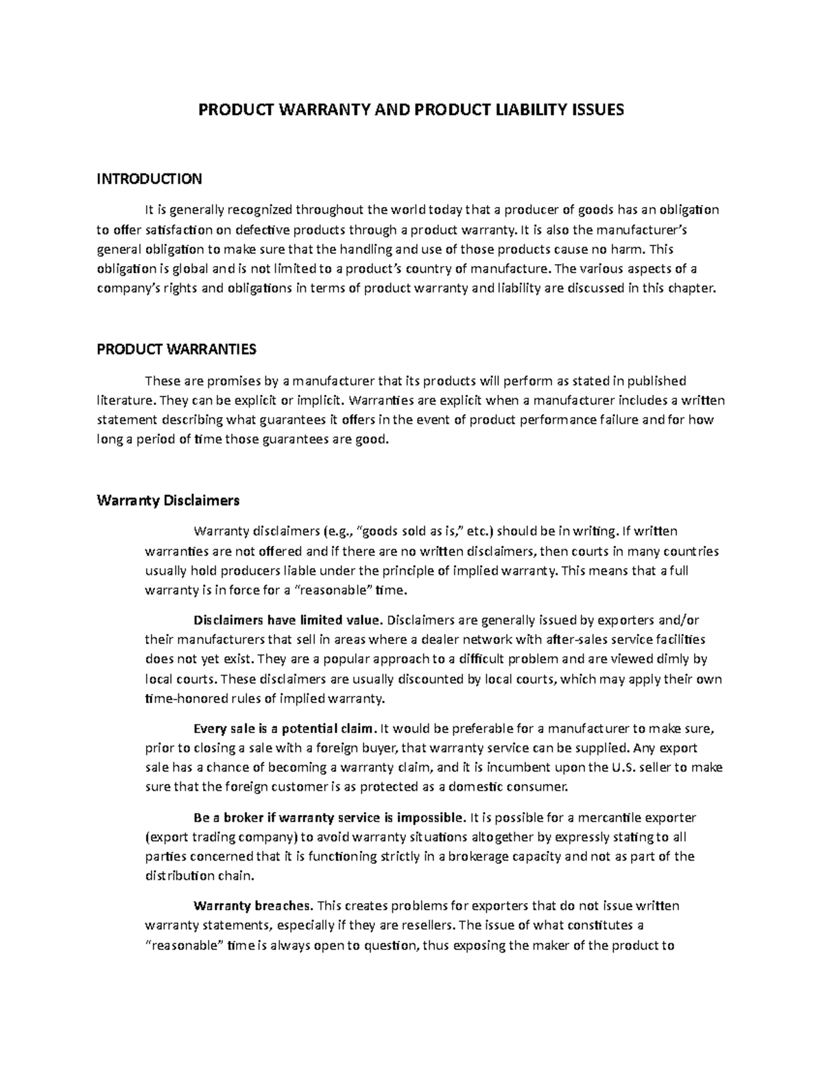 Product Warranty AND Product Liability Issues - PRODUCT WARRANTY AND ...