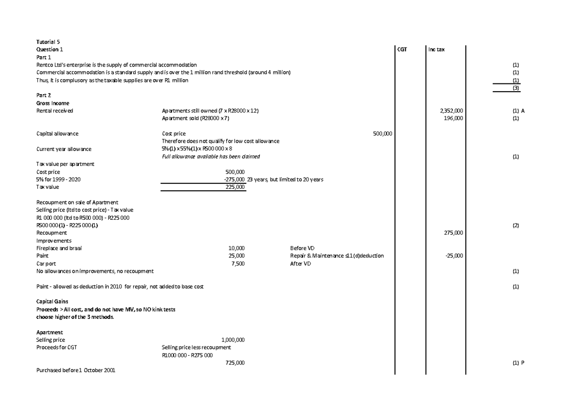 Tutorial 5 solution capital gains tax - Tutorial 5 Question 1 CGT Inc ...