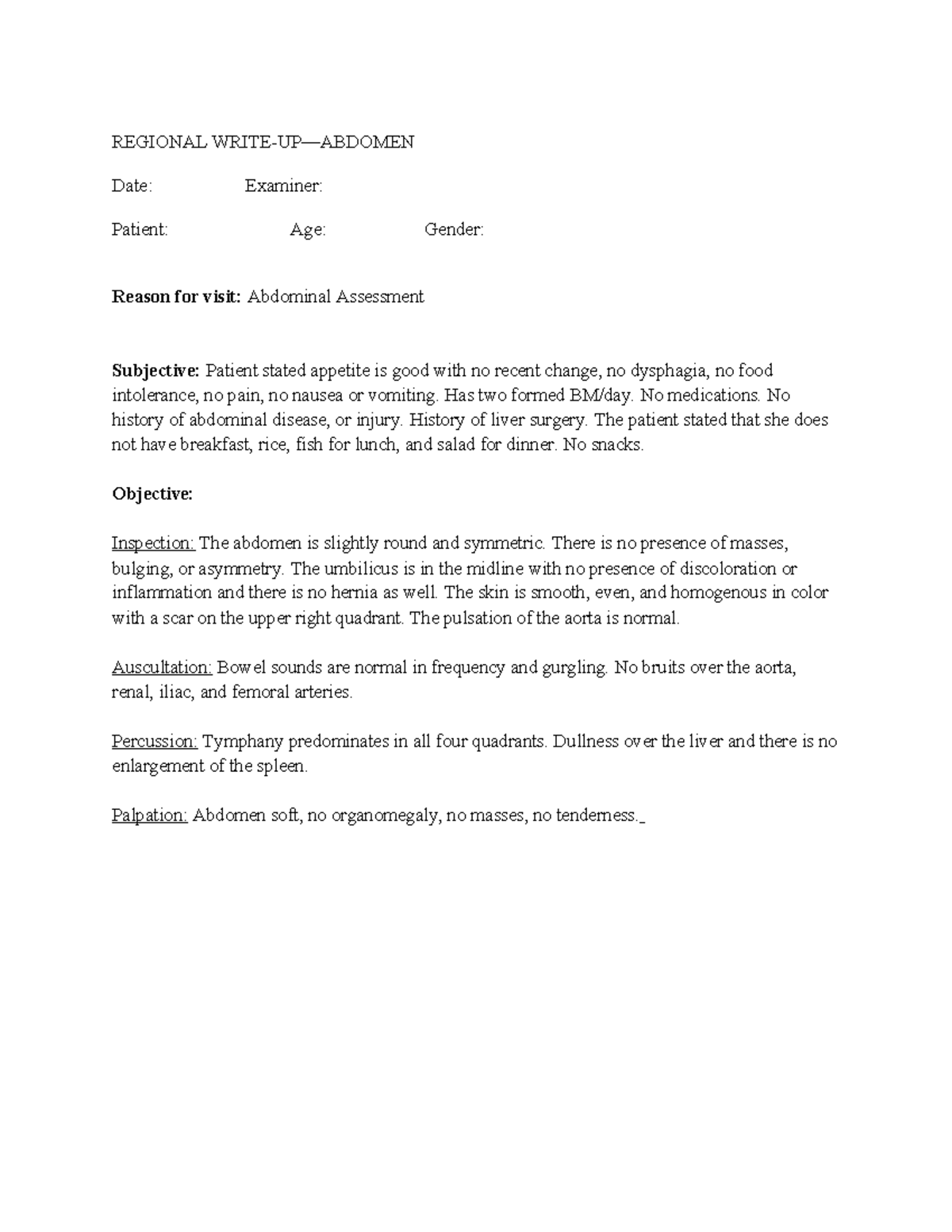 Regional Write-UP— Abdomen - REGIONAL WRITE-UP—ABDOMEN Date: Examiner ...