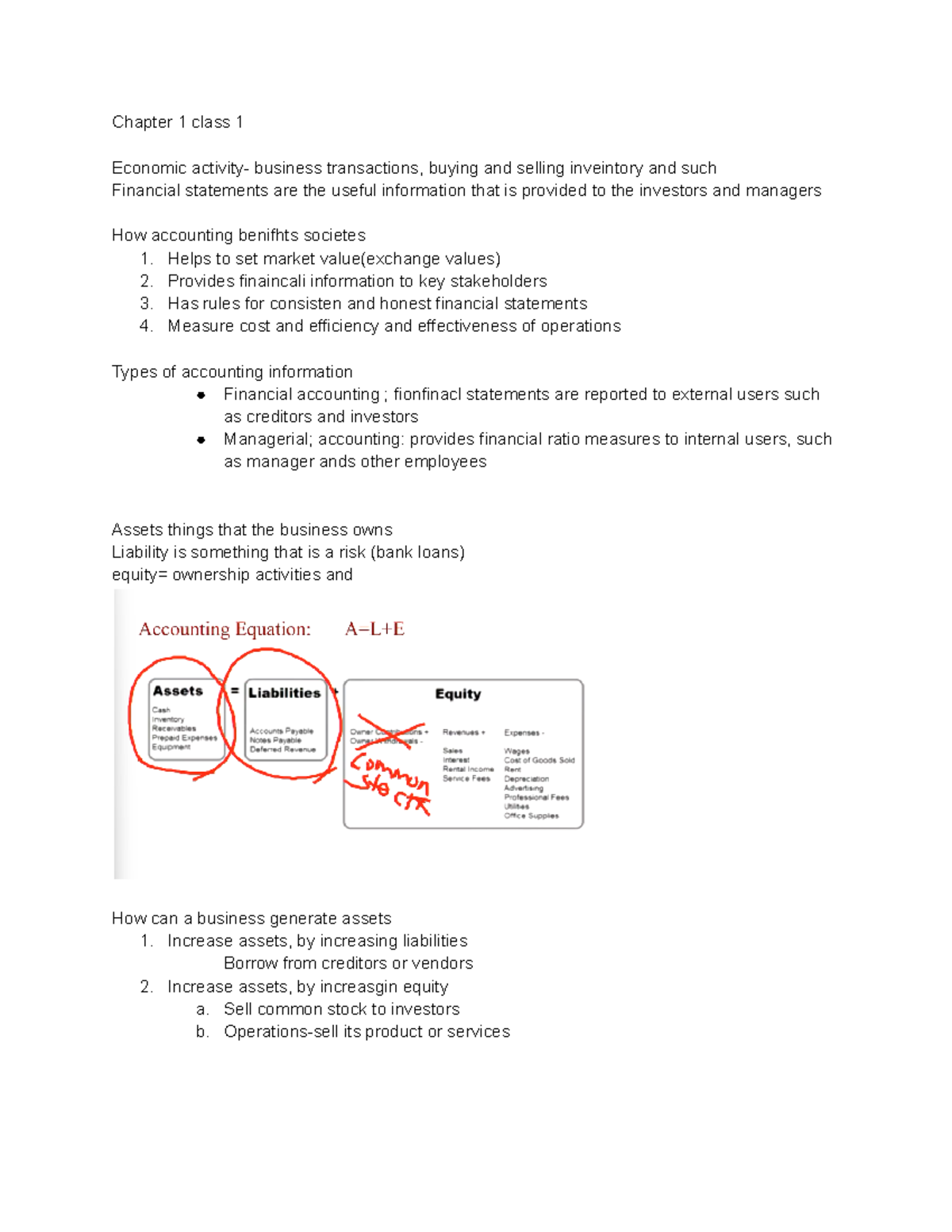 Acounting 221 notes exam 1 - Chapter 1 class 1 Economic activity ...