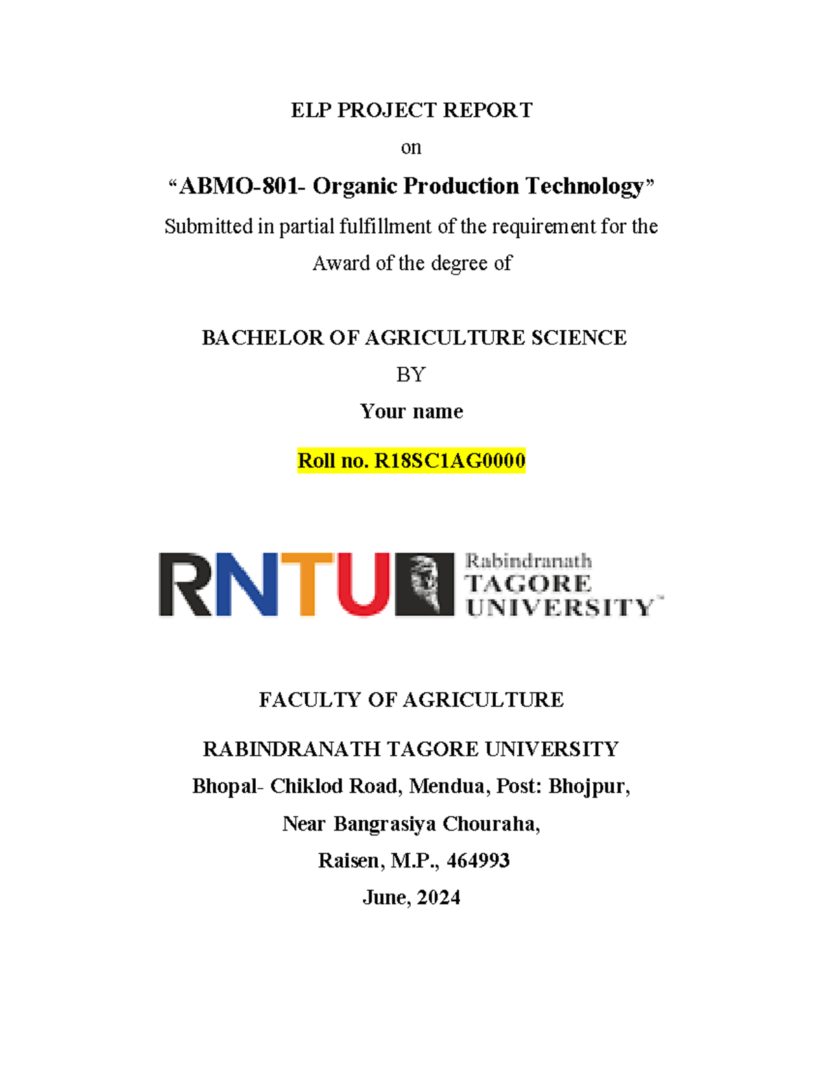 Front page, Certificate for Organic Module - ELP PROJECT REPORT on “ABMO-801- Organic Production ...