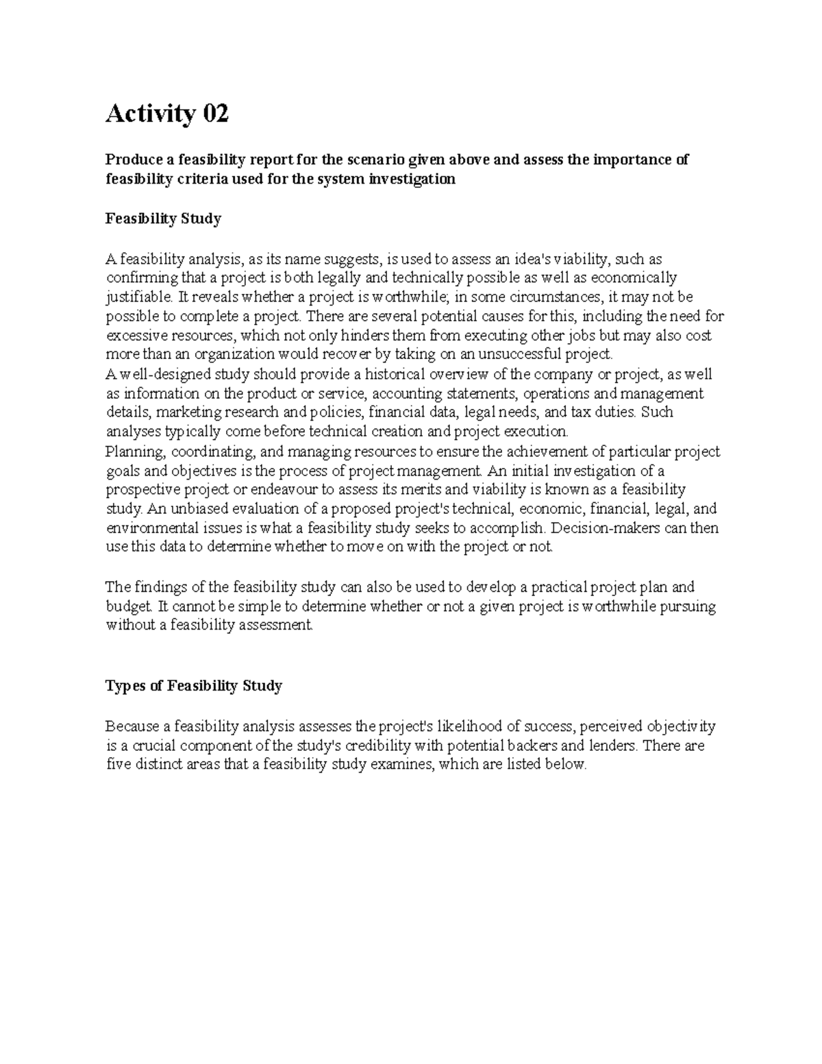 Sad2 - SAD - Activity 02 Produce a feasibility report for the scenario ...