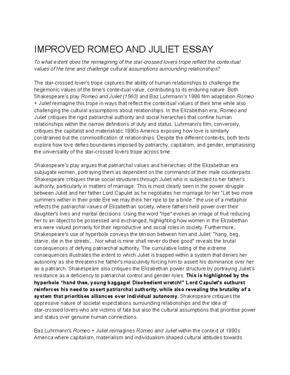Improved Romeo AND Juliet Essay - IMPROVED ROMEO AND JULIET ESSAY To ...