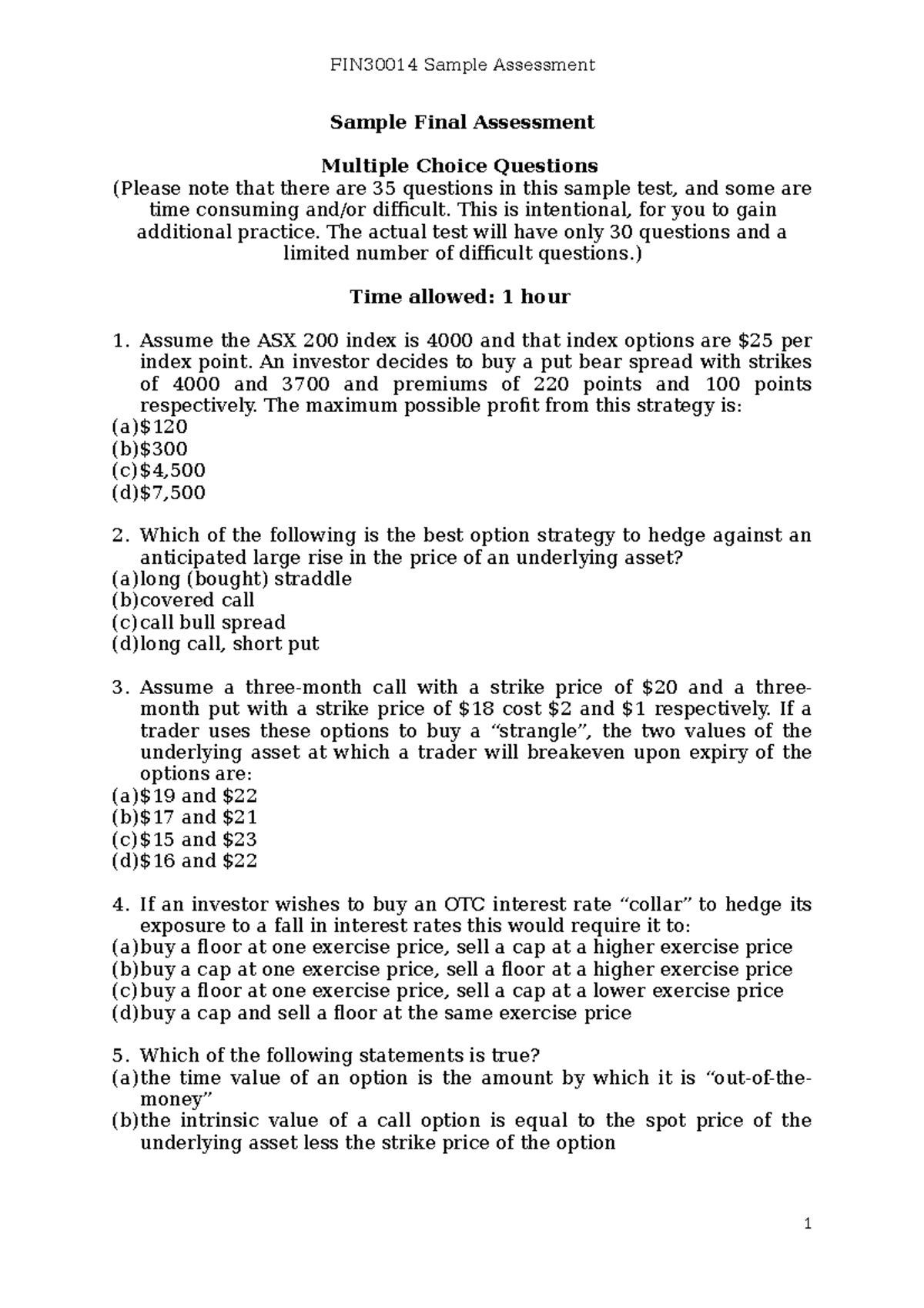 FIN30014 Sample MCQs - Tutorial - Sample Final Assessment Multiple ...