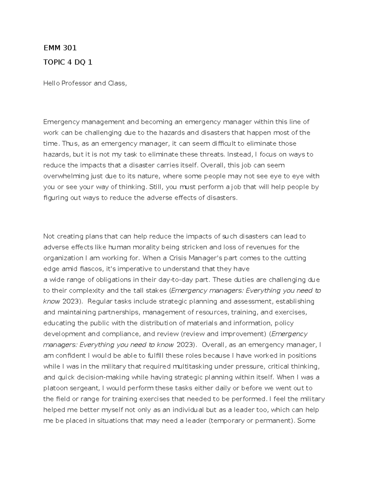 EMM 301 Topic 4 DQ 1 - G2G - EMM 301 TOPIC 4 DQ 1 Hello Professor and ...