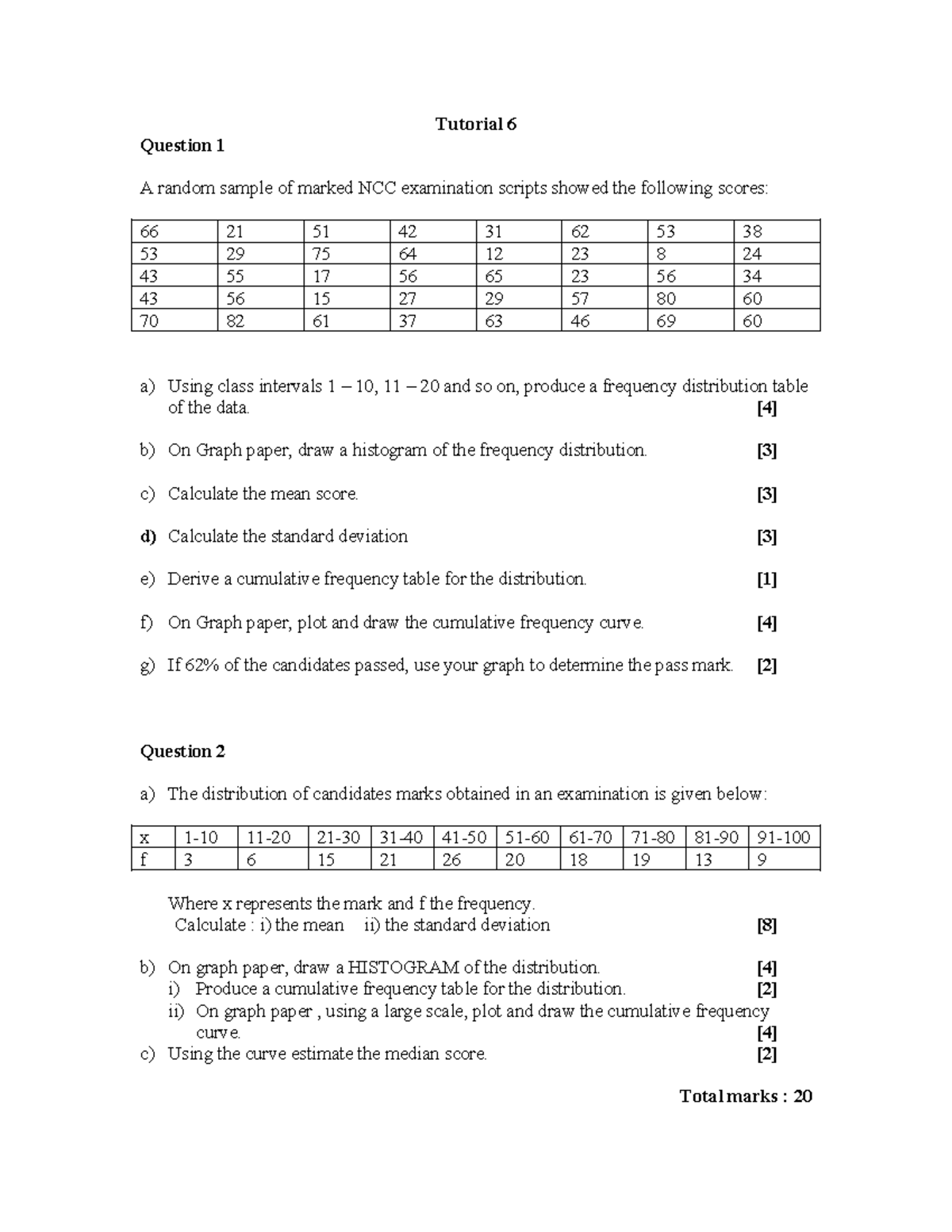 Tutstats - jhgfrdc vbnmjh - Tutorial 6 Question 1 A random sample of marked NCC examination ...