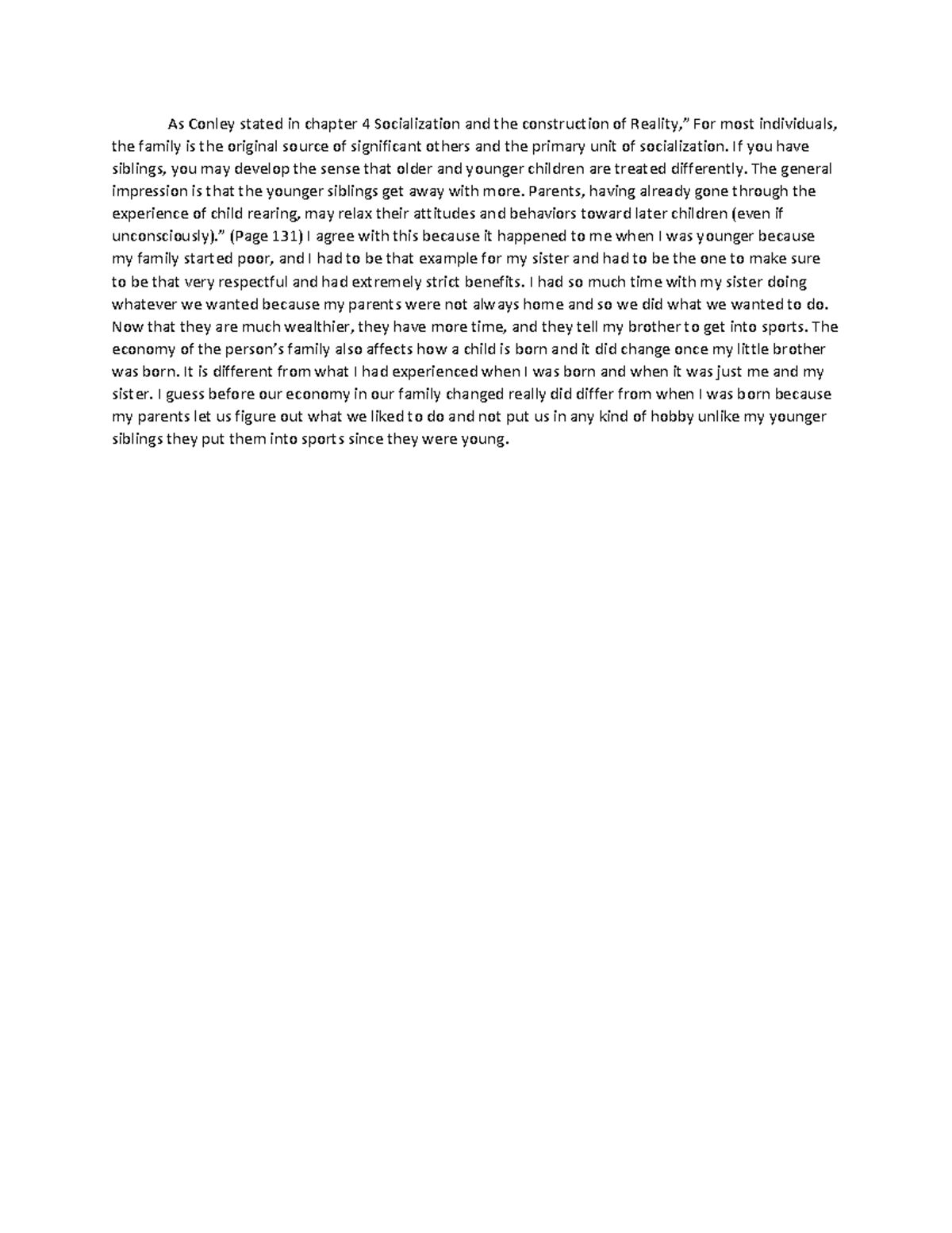 Conely Sociology - Summary of a book by Conley - As Conley stated in ...