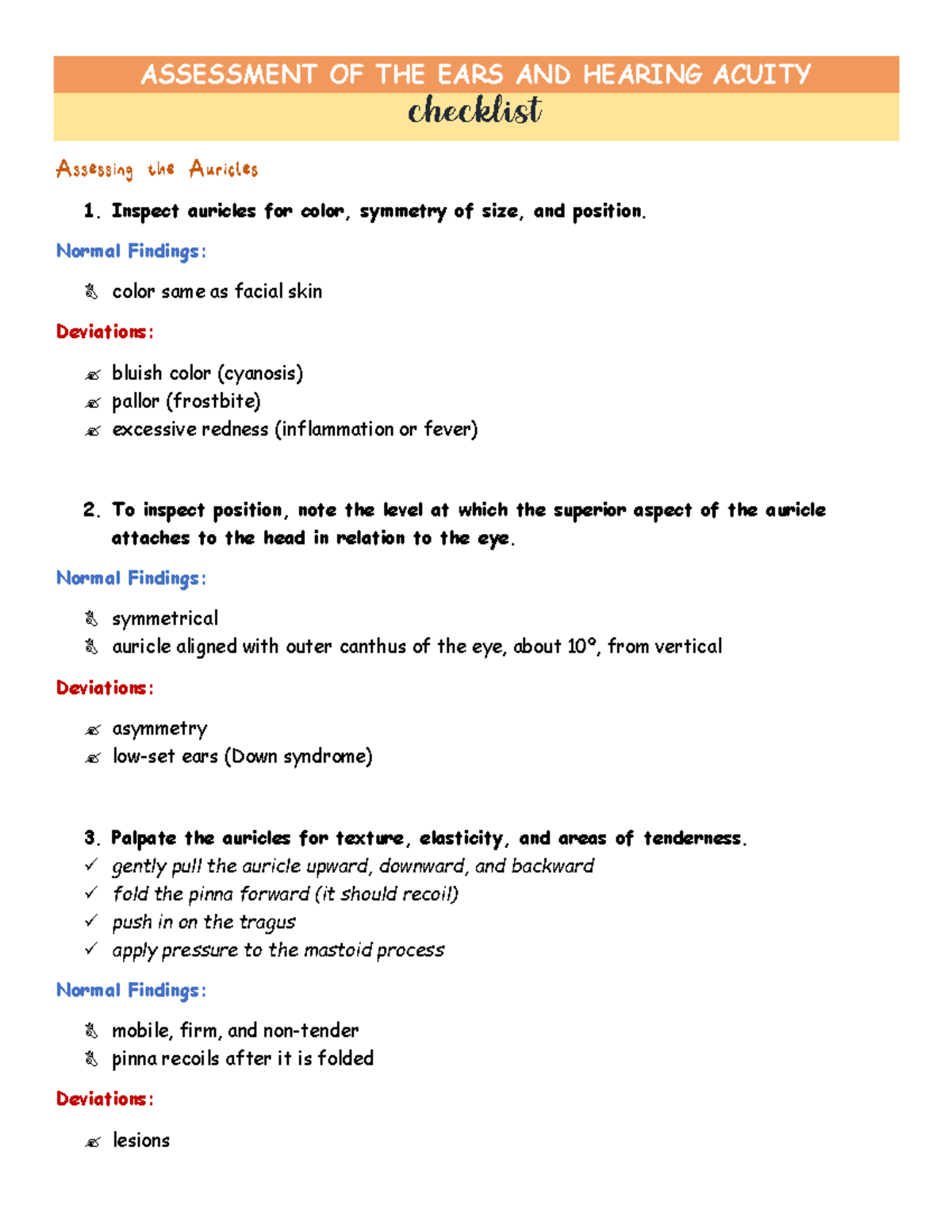 HA - Ears Checklist - notes health assessment - ASSESSMENT OF THE EARS ...