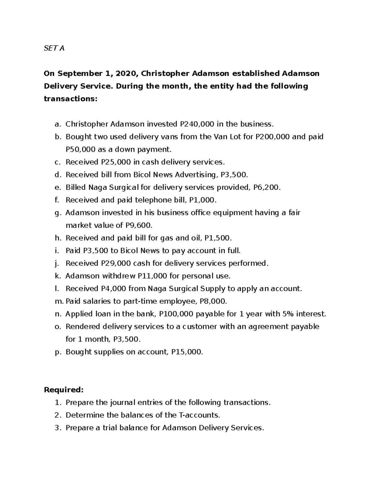 SET A - sample - SET A On September 1, 2020, Christopher Adamson ...