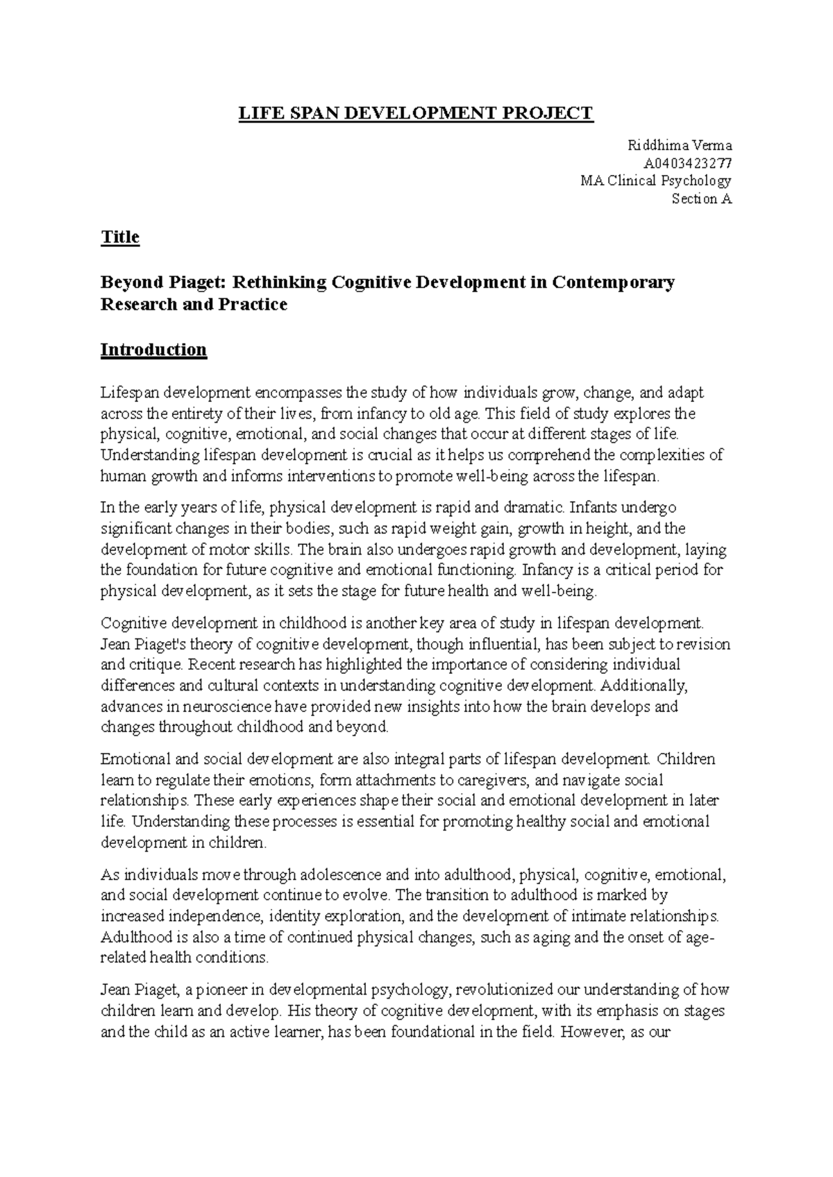 LSD project Riddhima Verma - LIFE SPAN DEVELOPMENT PROJECT Riddhima ...