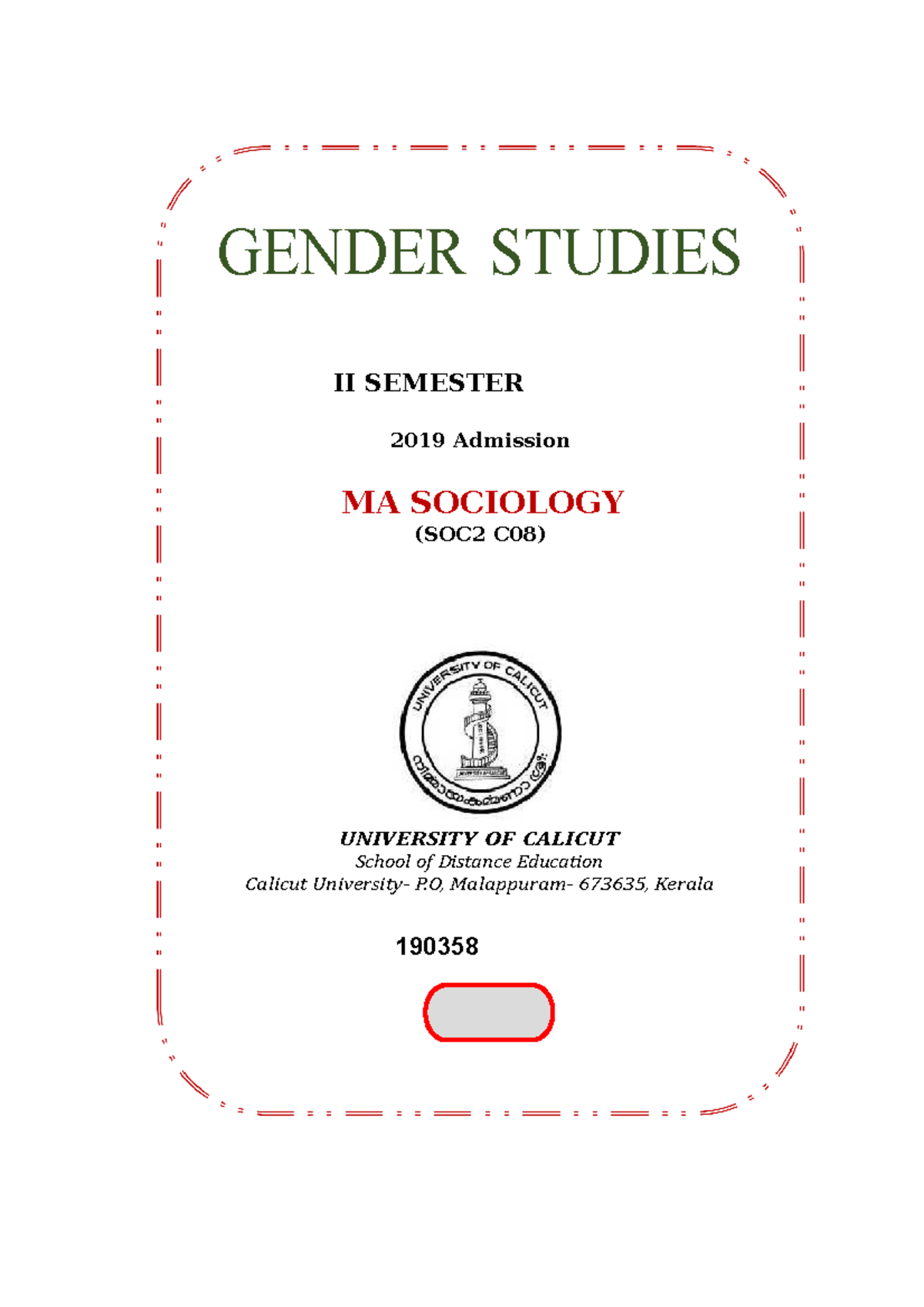 II Sem MA Sociology-Gender Studies 0 - GENDER STUDIES II SEMESTER 2019 ...