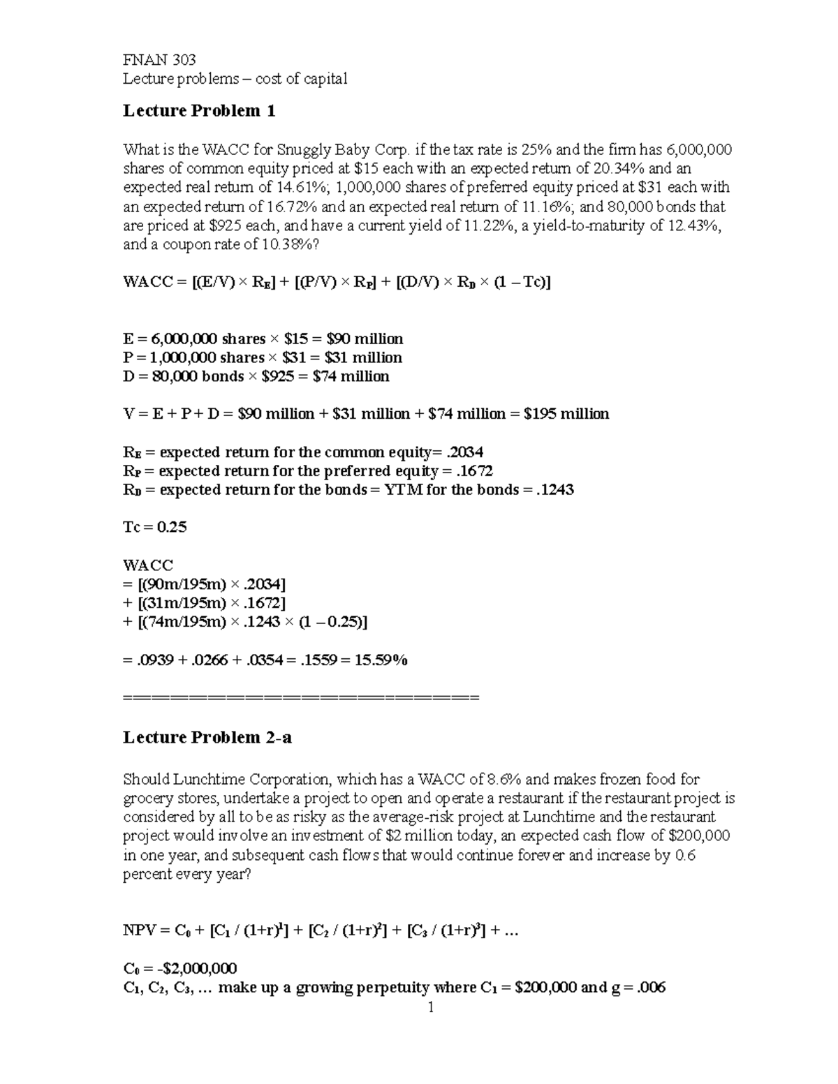 Cost of Capital Lecture Problems Solutions - Lecture problems – cost of capital Lecture Problem ...