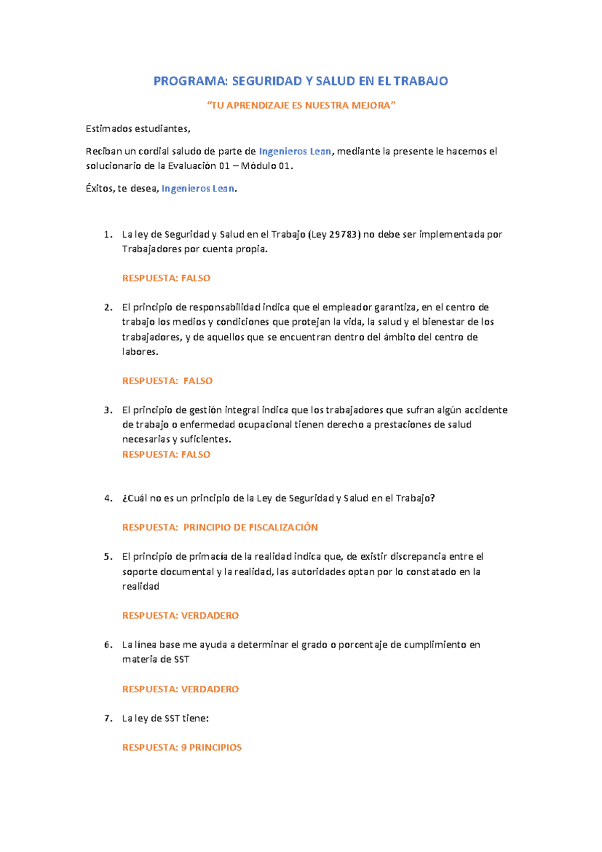 Solucionario EVA 01 - Módulo 01 - SST - PROGRAMA: SEGURIDAD Y SALUD EN ...
