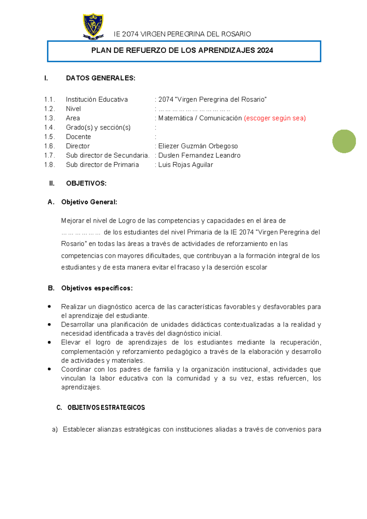 Formato DE PLAN DE Refuerzo PARA LA Mejora DE LOS Aprendizajes 2024 ...