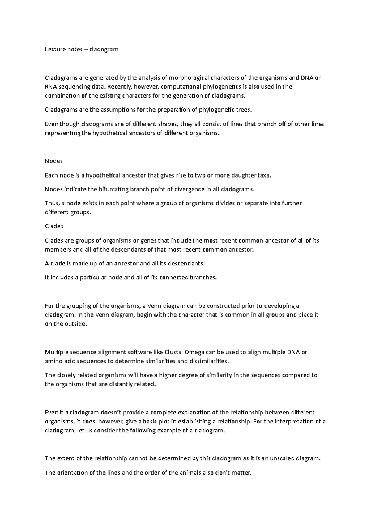 Lecture notes – cladogram - Lecture notes – cladogram Cladograms are ...